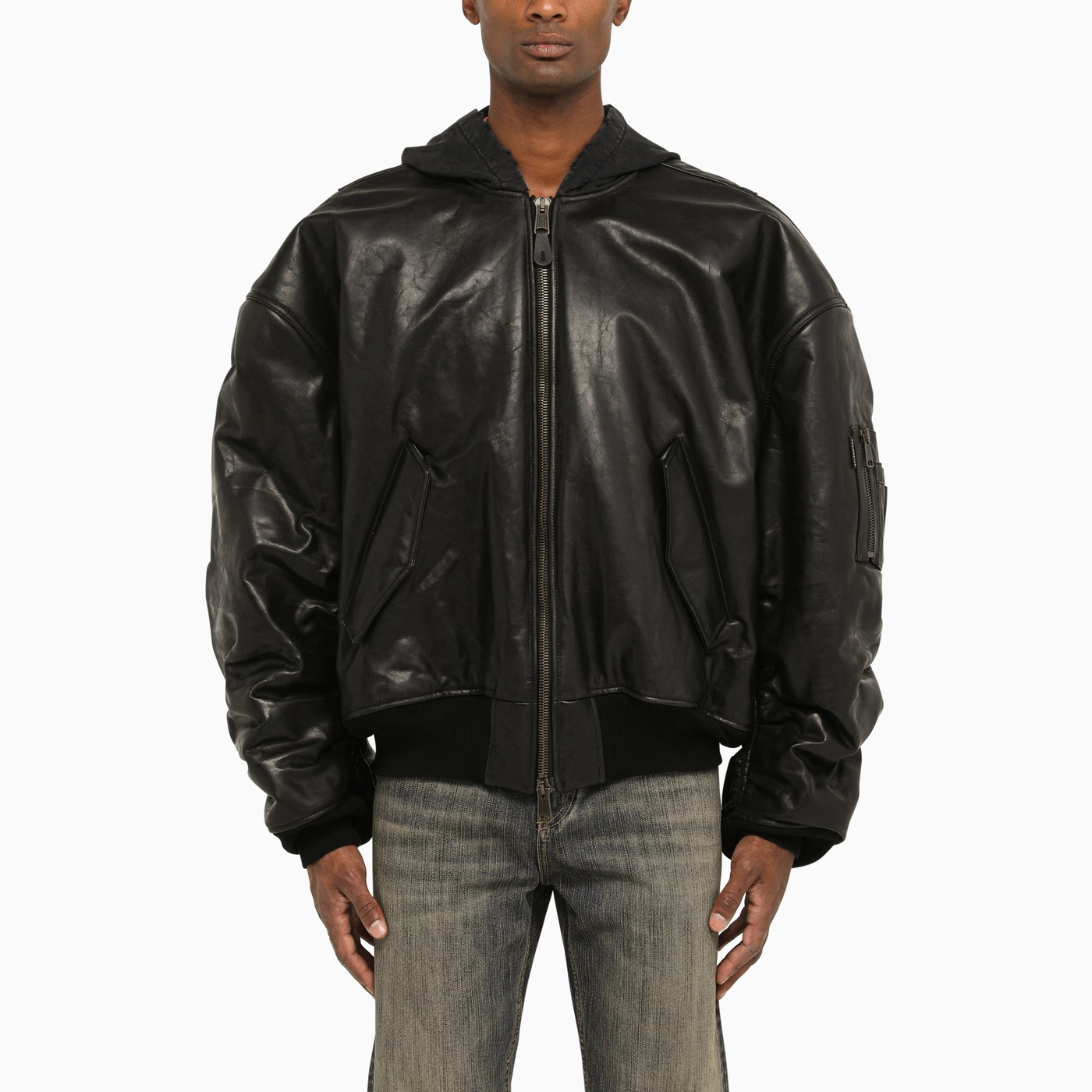 Balenciaga Black oversized leather bomber jacket | TheDoubleF