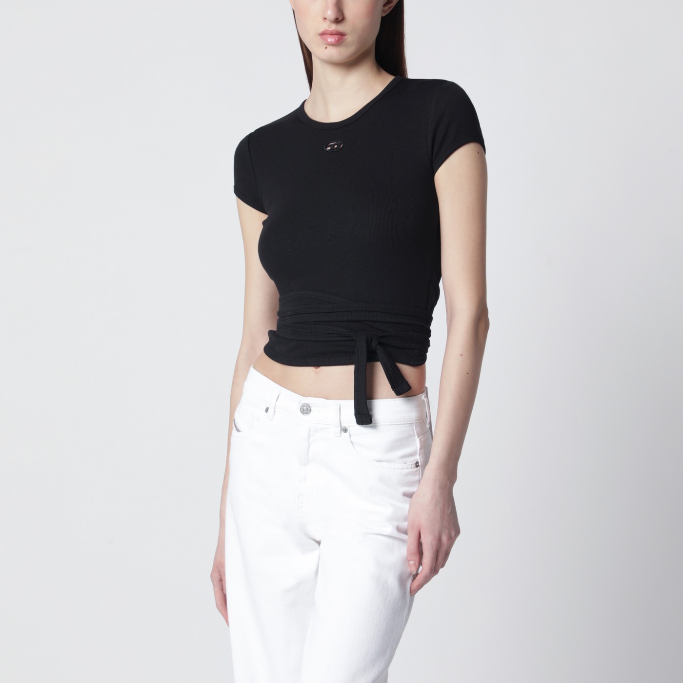 Diesel Black cropped T-shirt with crossed ribbon | TheDoubleF