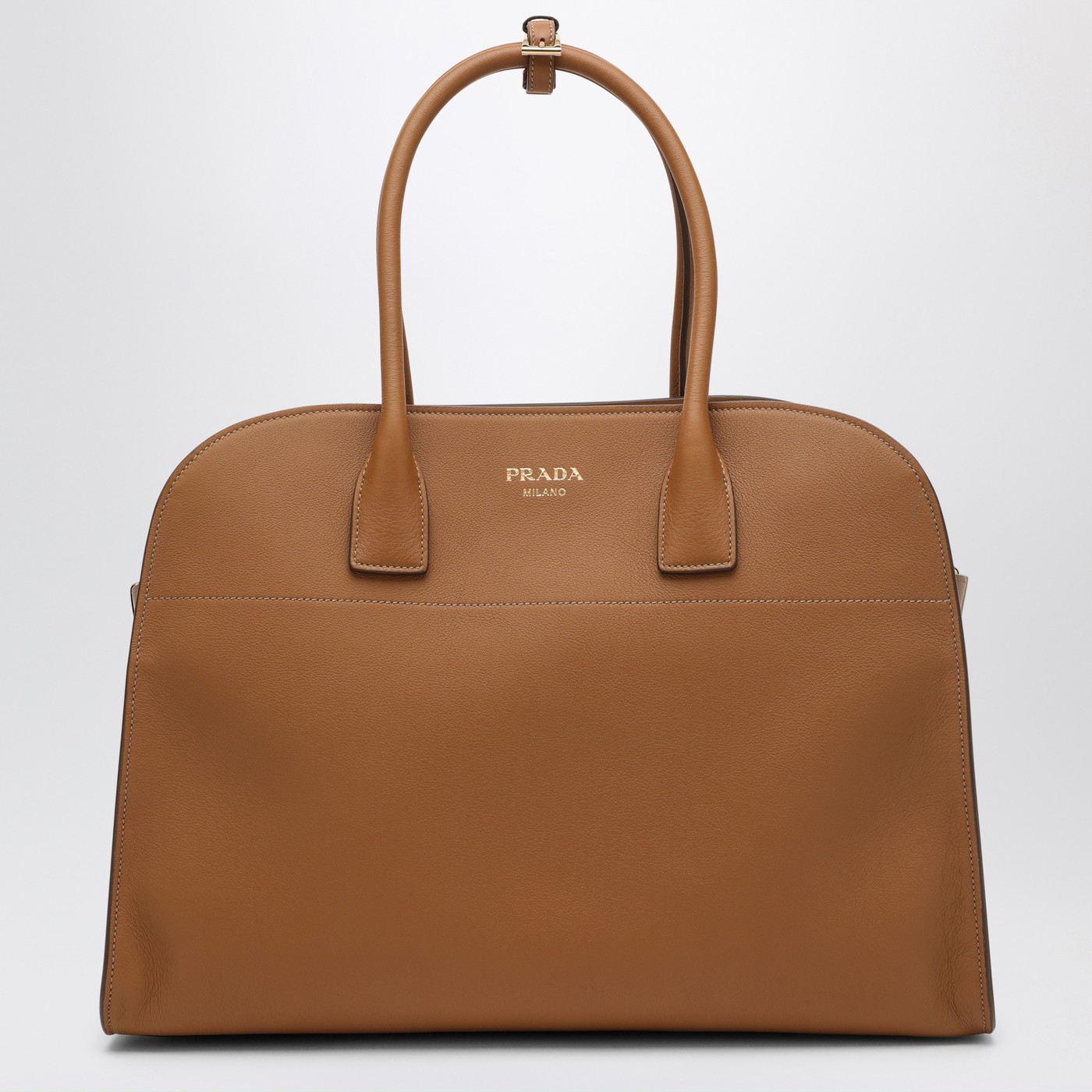 Prada Large caramel-coloured leather shopping bag with buckles | TheDoubleF