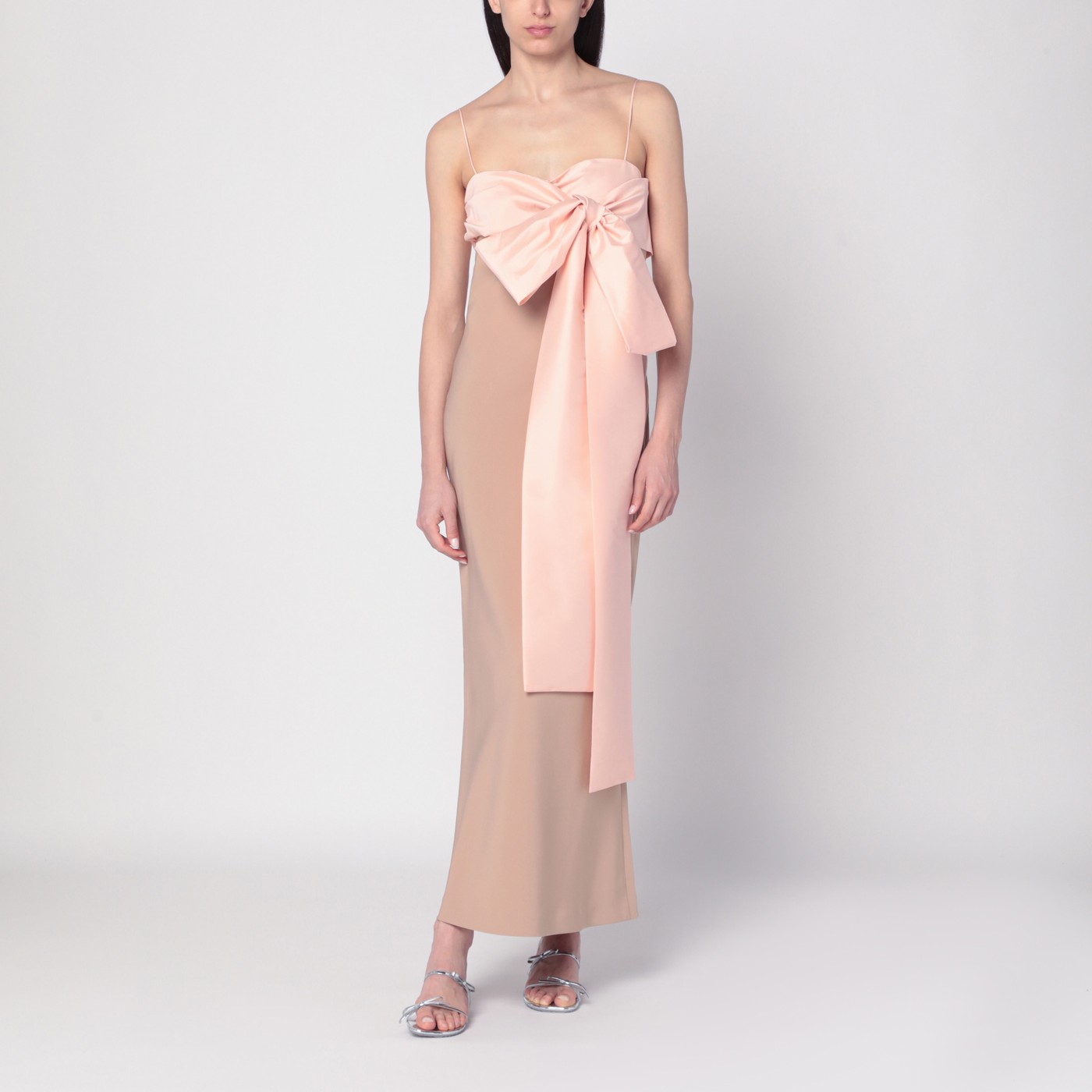 BERNADETTE Beige/pink Bart dress with oversized bow | TheDoubleF