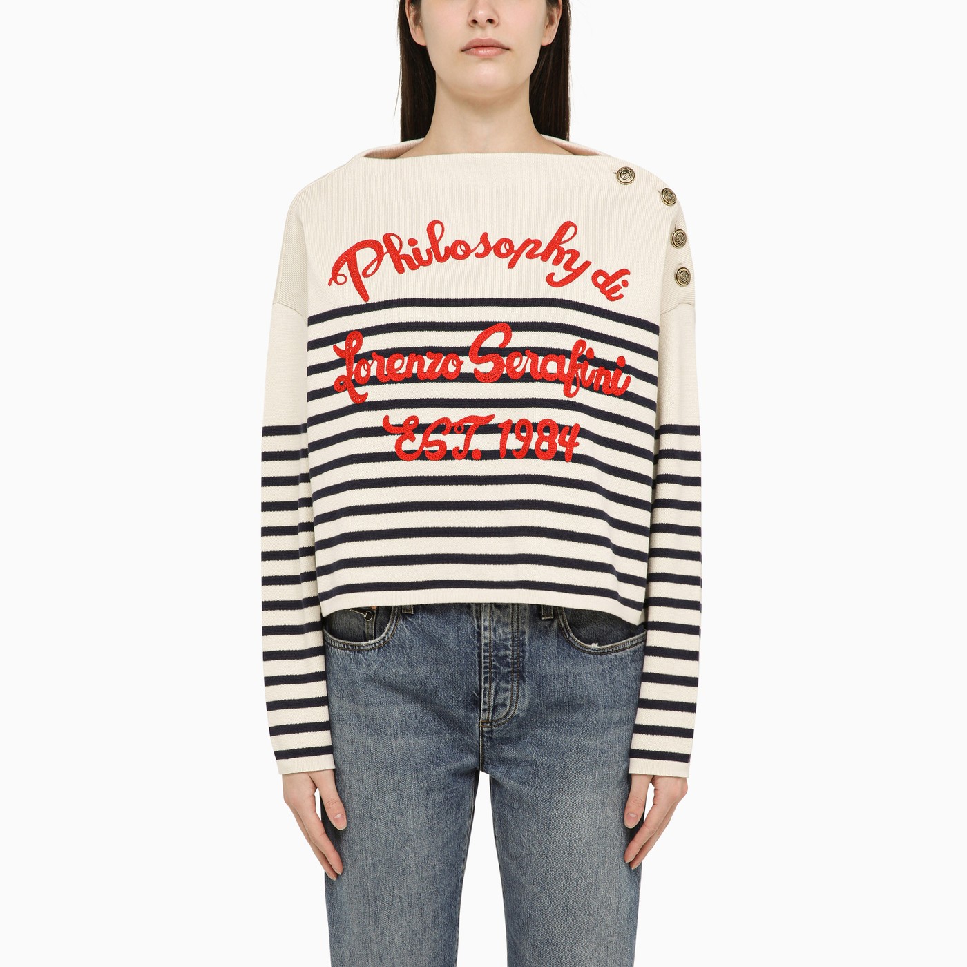 Philosophy White/blue striped sweater in wool blend with logo | TheDoubleF