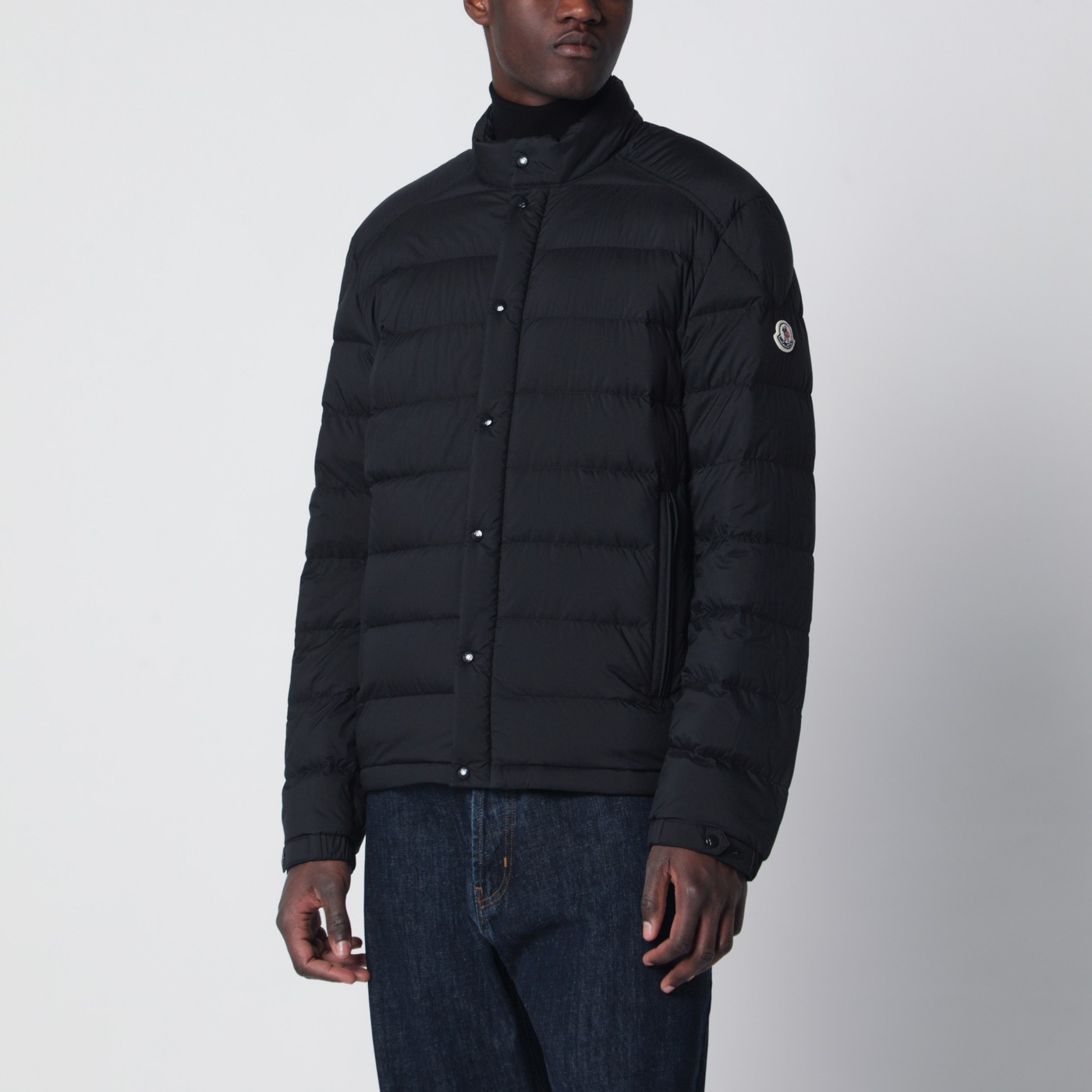 Moncler Slim-fit down jacket in black shell with applied logo | TheDoubleF