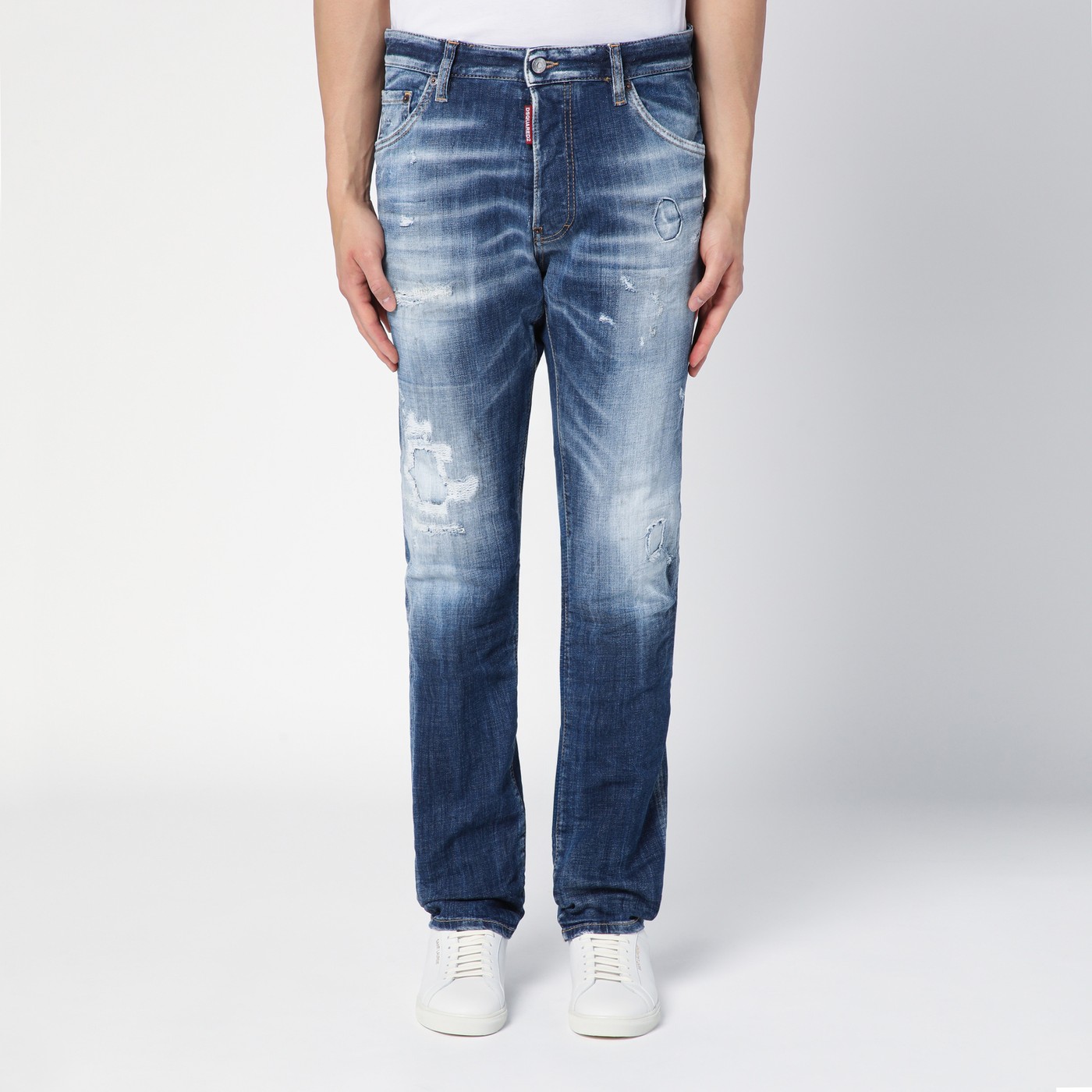 Dsquared2 Navy blue washed denim jeans with wear | TheDoubleF
