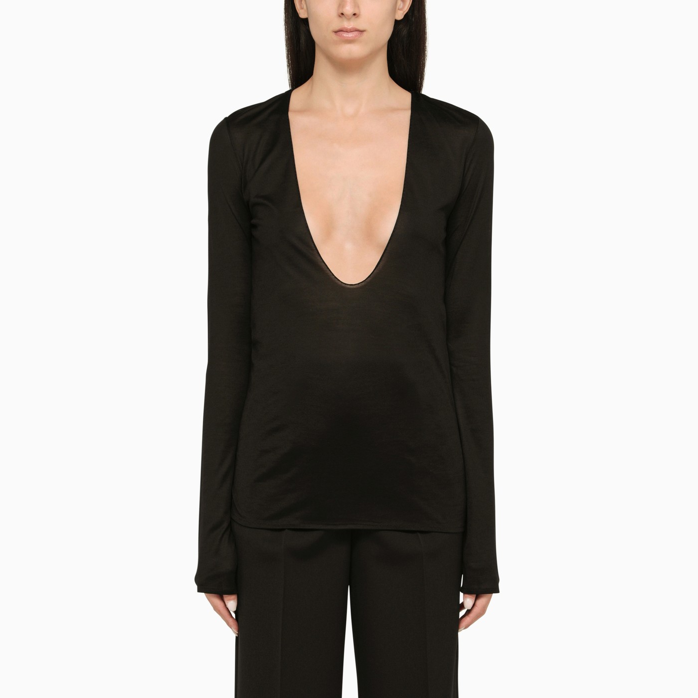 Saint Laurent Schwarzes tief ausgeschnittenes Seiden-T-Shirt | TheDoubleF