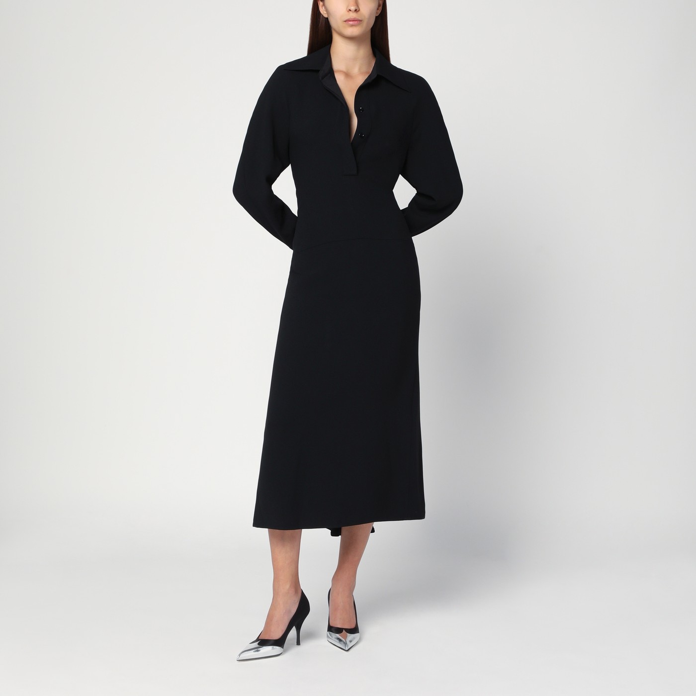 Victoria Beckham Black satin shirt dress midi | TheDoubleF