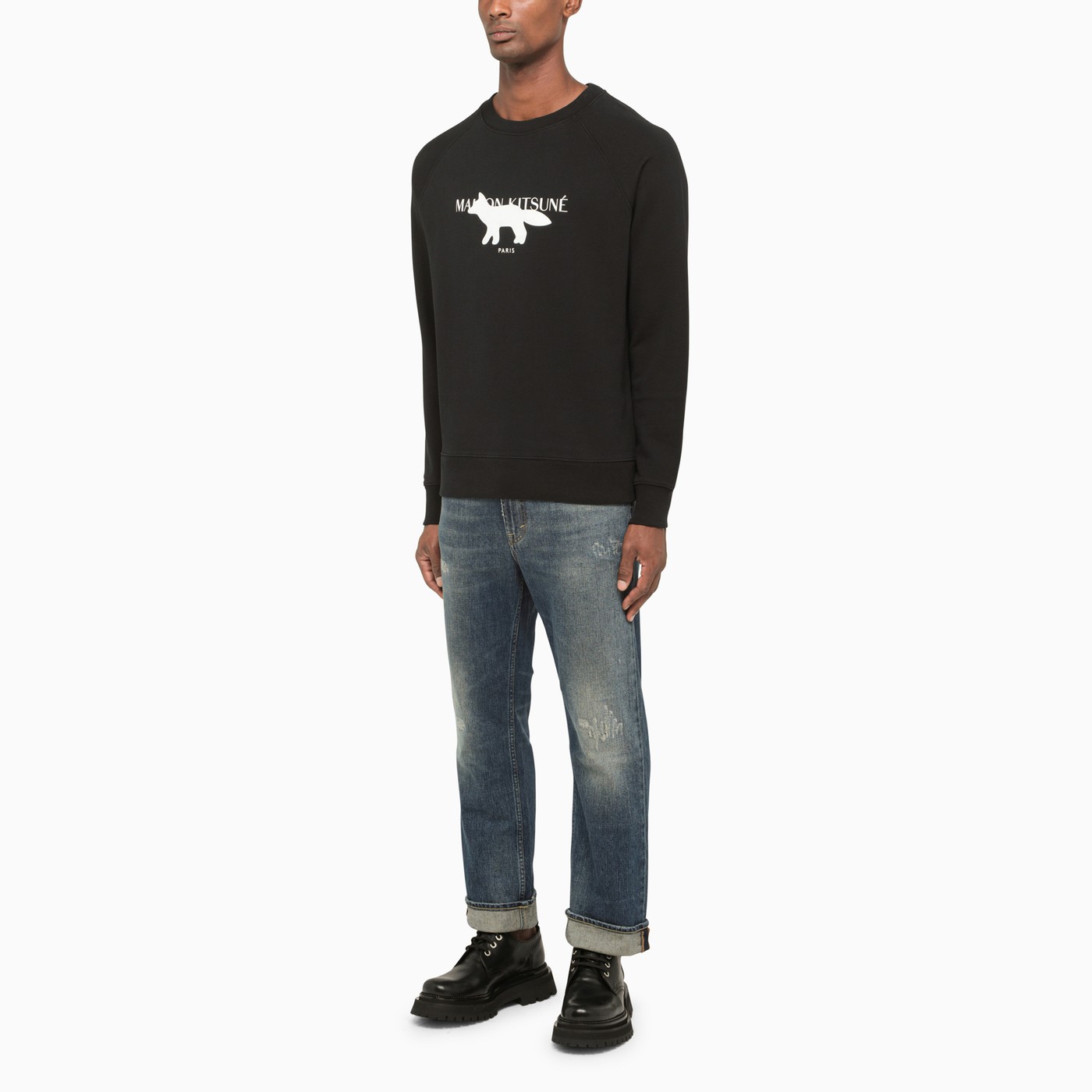 Maison Kitsuné Black crew neck sweatshirt with logo | TheDoubleF