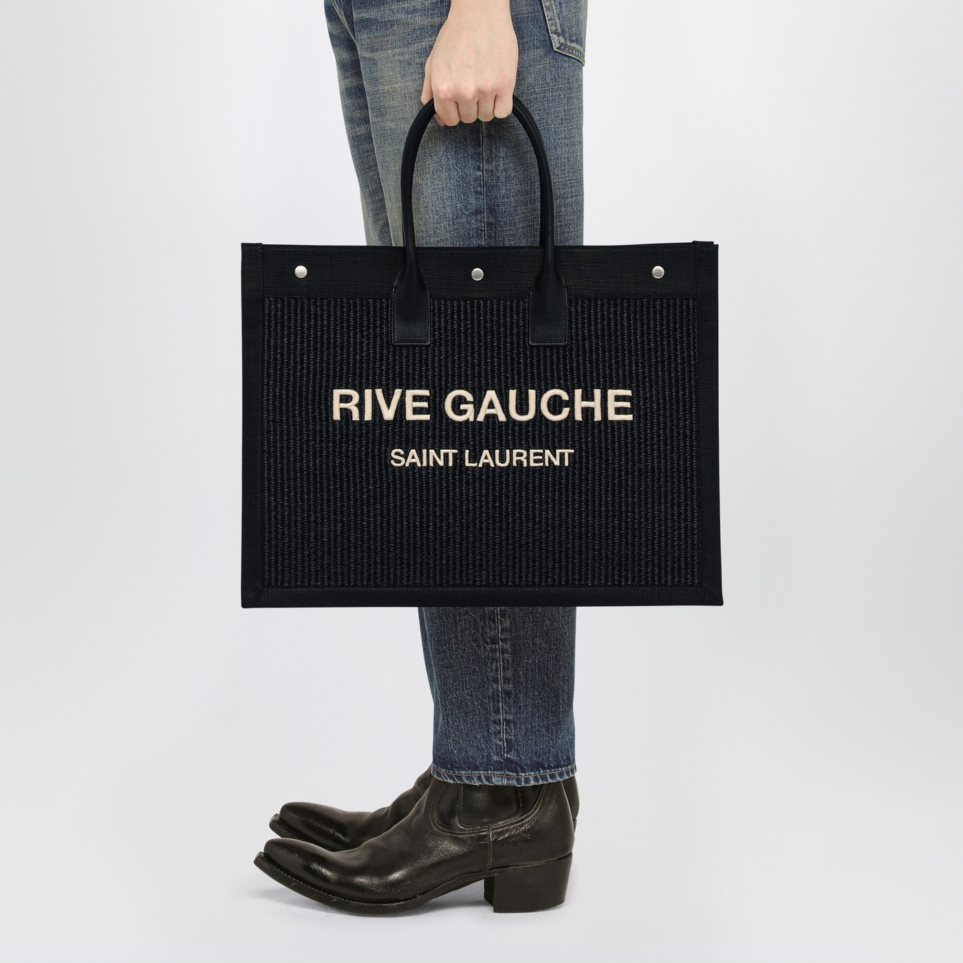 Saint Laurent Rive Gauche black canvas tote bag | TheDoubleF