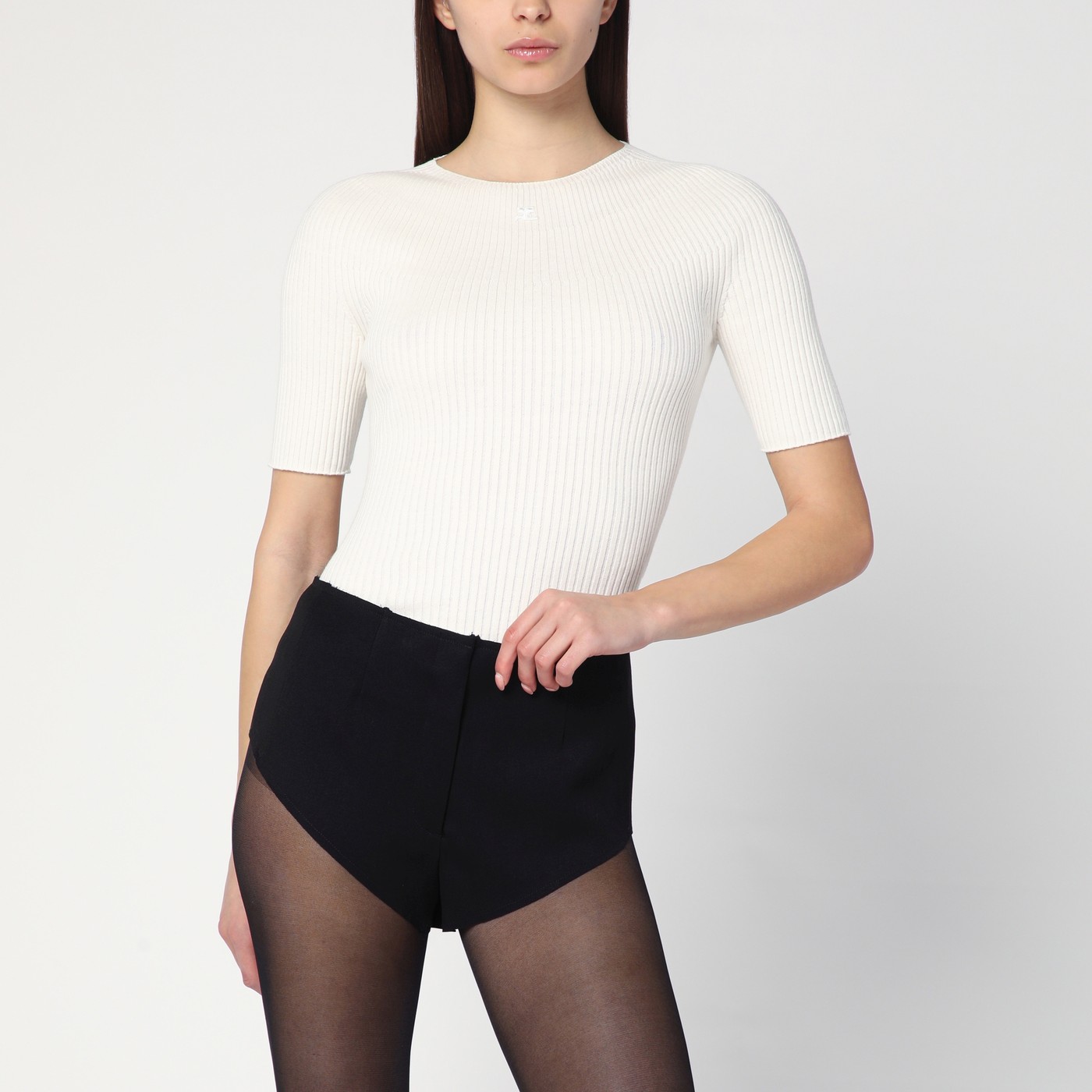 Courrèges White ribbed sweater in cotton and wool | TheDoubleF