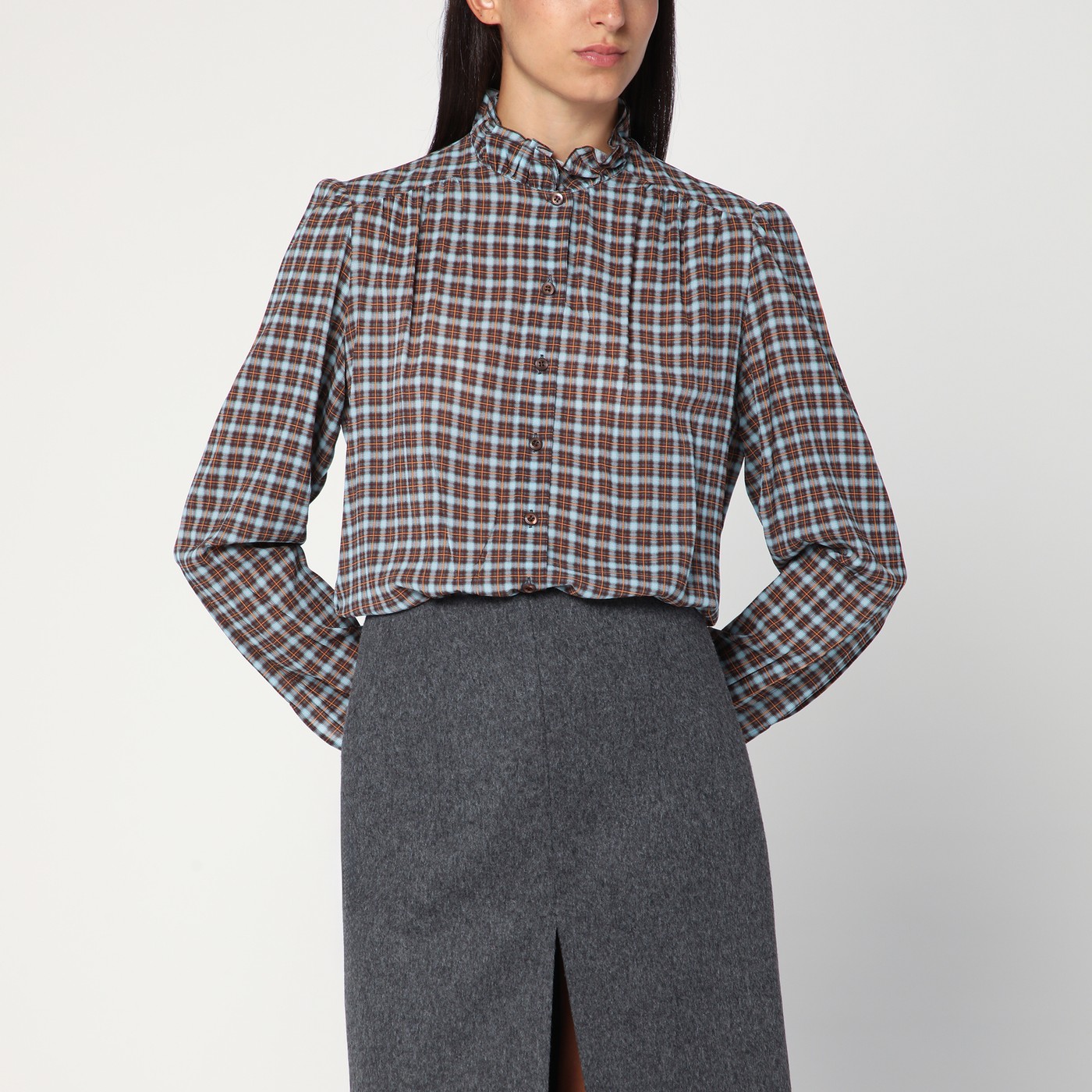 Prada Check-patterned shirt turquoise/cocoa in silk blend | TheDoubleF