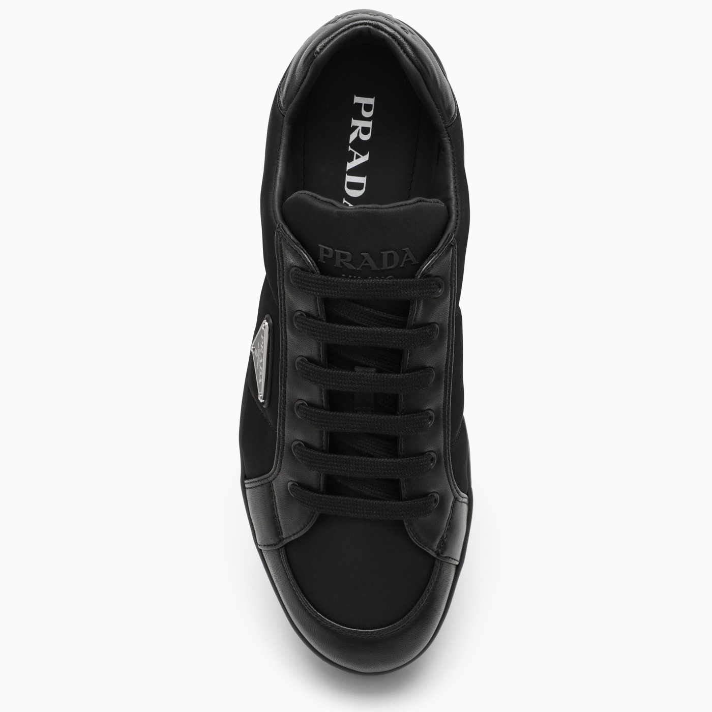 Prada Low black Re-Nylon and leather trainer | TheDoubleF