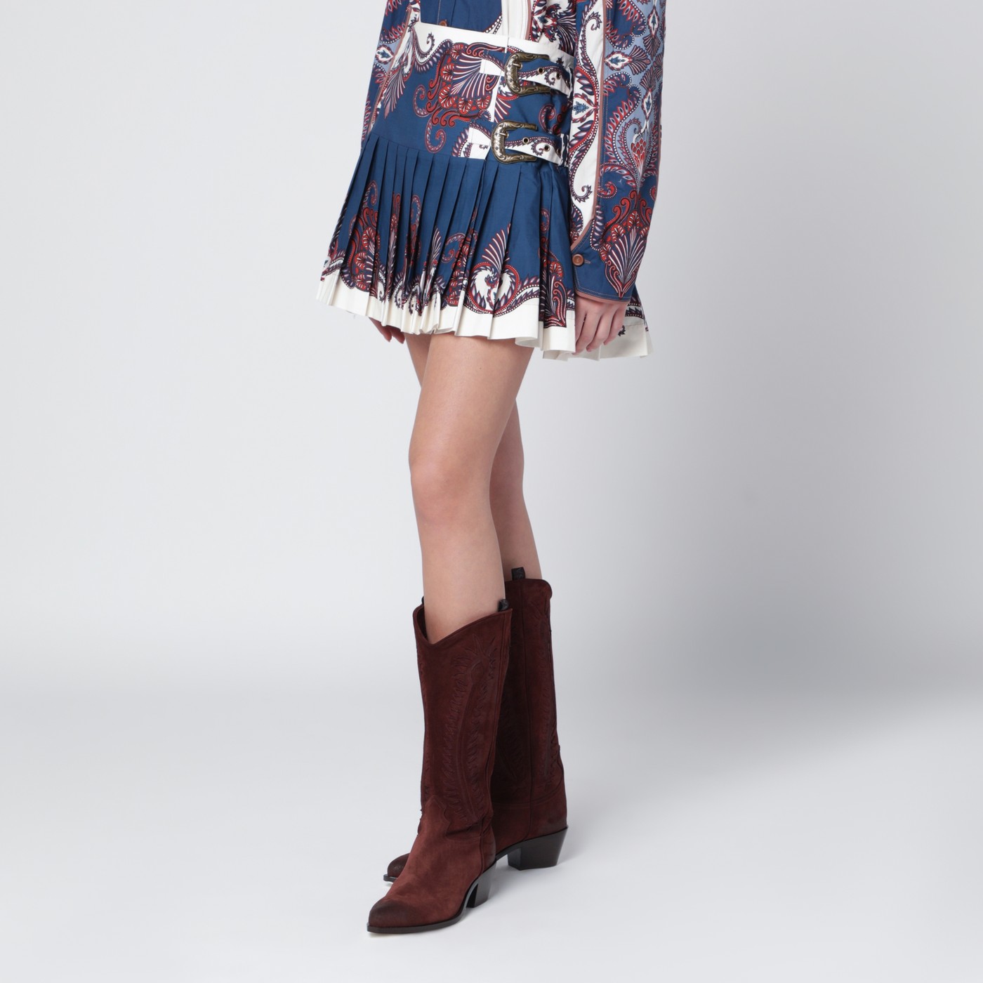 FARM Rio Deep blue and sand pleated mini skirt with arabesque print ...