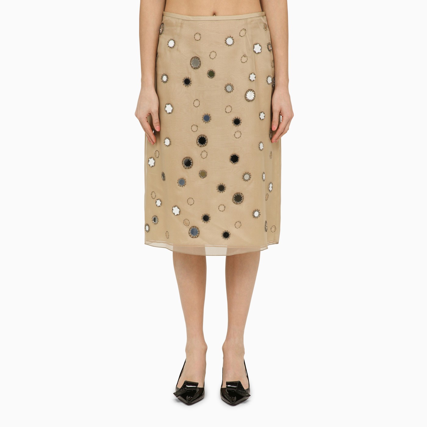 Prada Beige silk midi skirt with mirrors | TheDoubleF