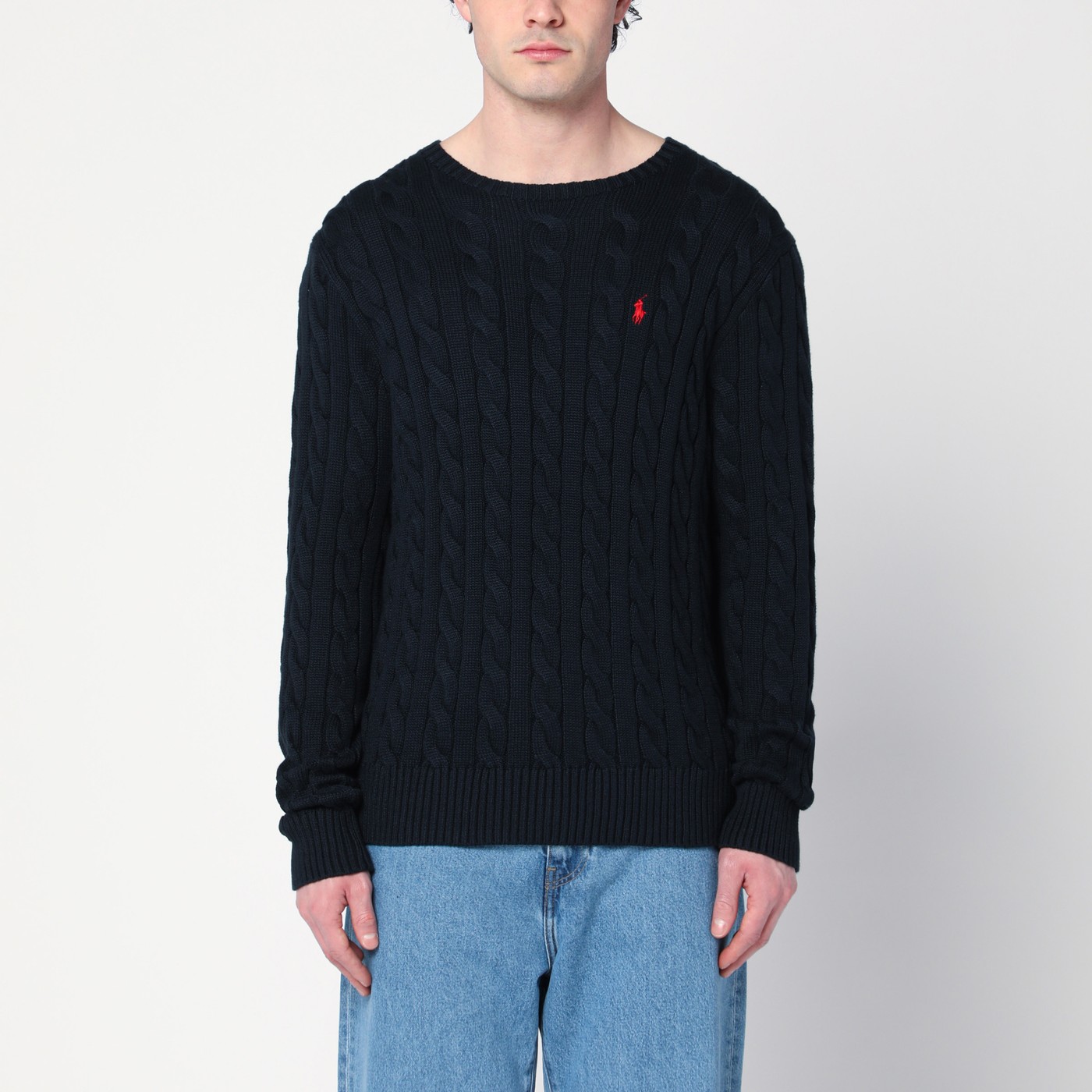 Polo Ralph Lauren Navy blue cable-knit crew-neck sweater | TheDoubleF
