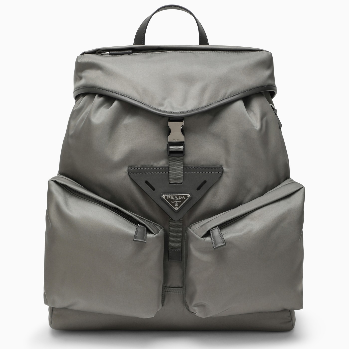 Prada Iron-coloured Re-Nylon backpack with snap fastener | TheDoubleF