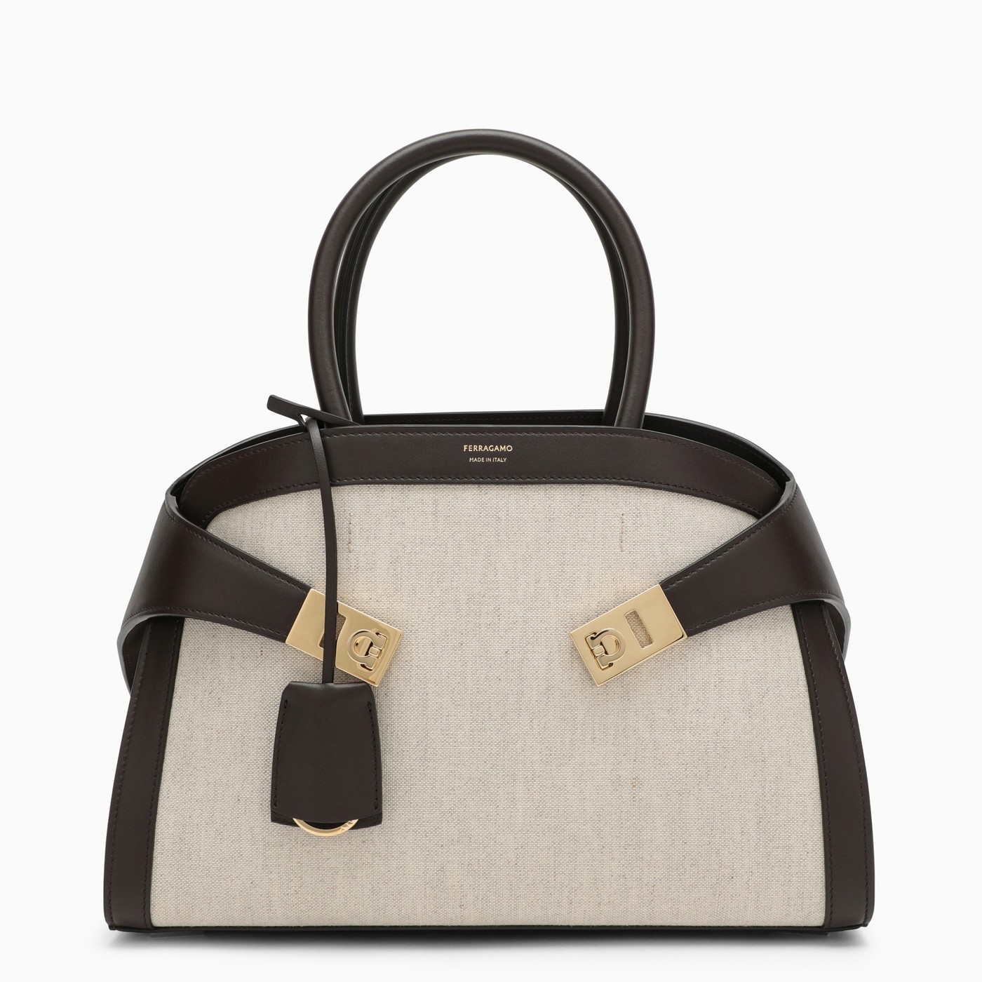 Ferragamo Hug S dark brown/natural leather and fabric handbag | TheDoubleF