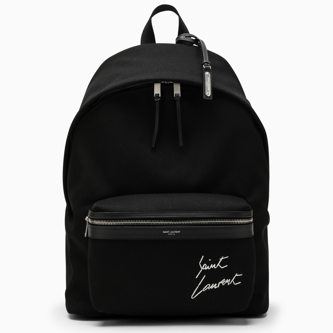 Saint Laurent Black City backpack with embroidery and leather trim ...