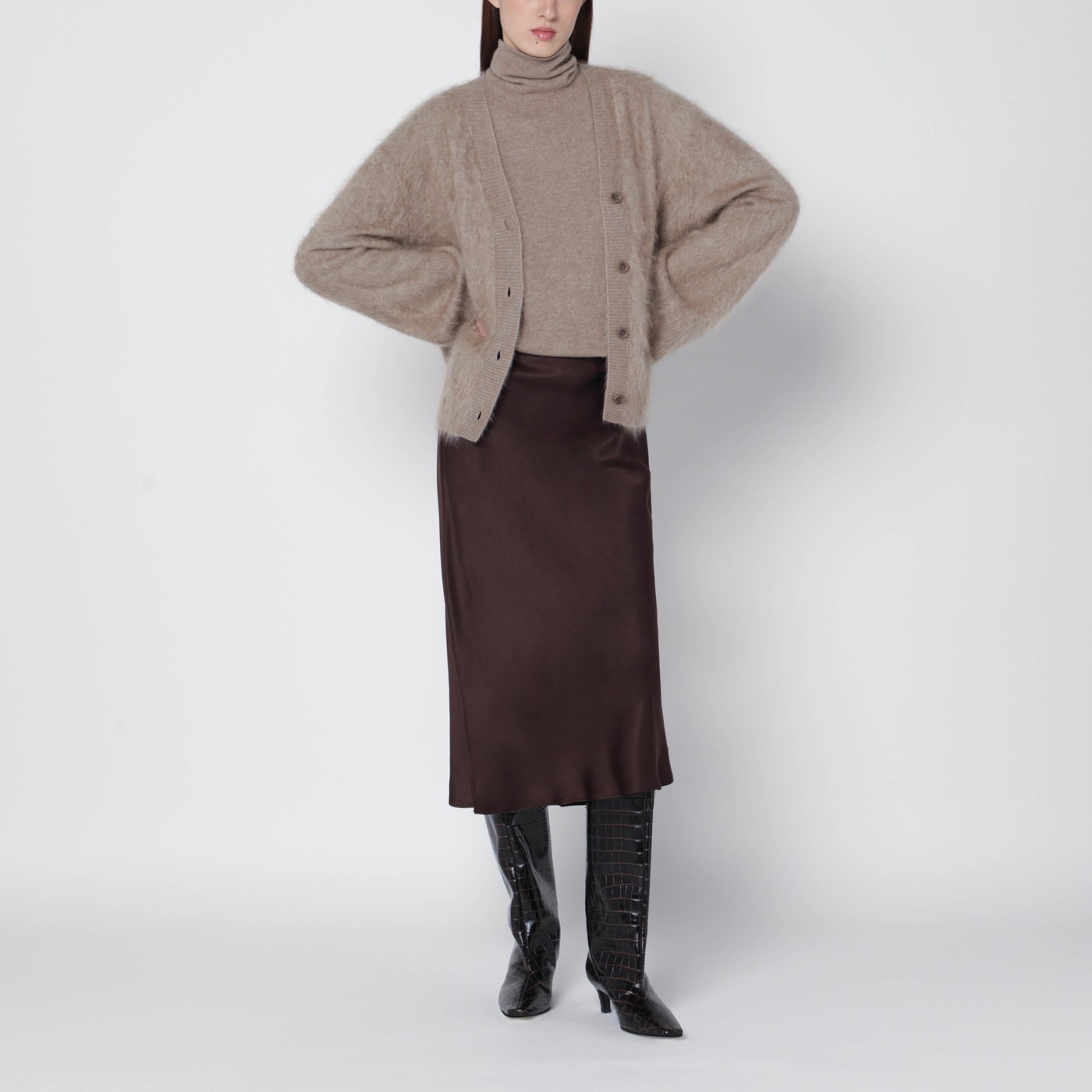 ANINE BING Brown silk Bar midi skirt | TheDoubleF