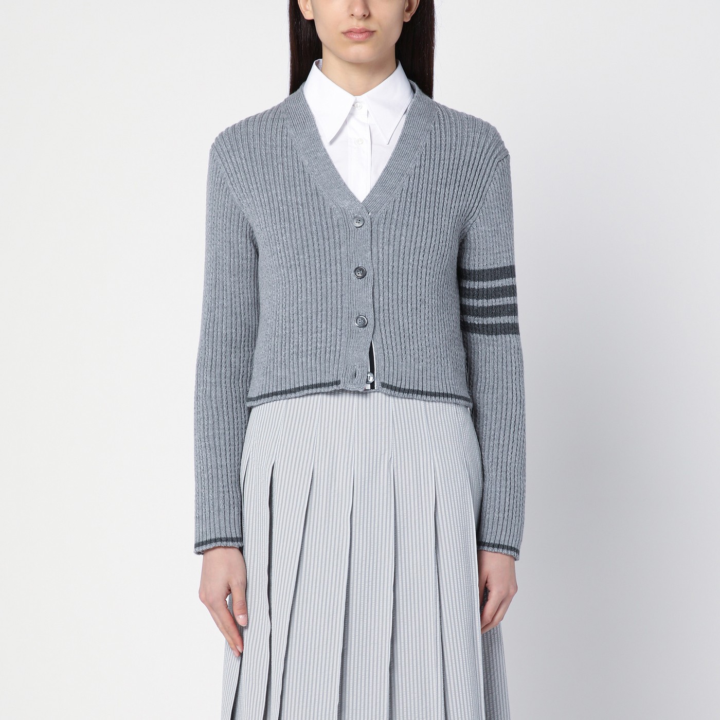 Thom Browne Grey ribbed cardigan in wool | TheDoubleF