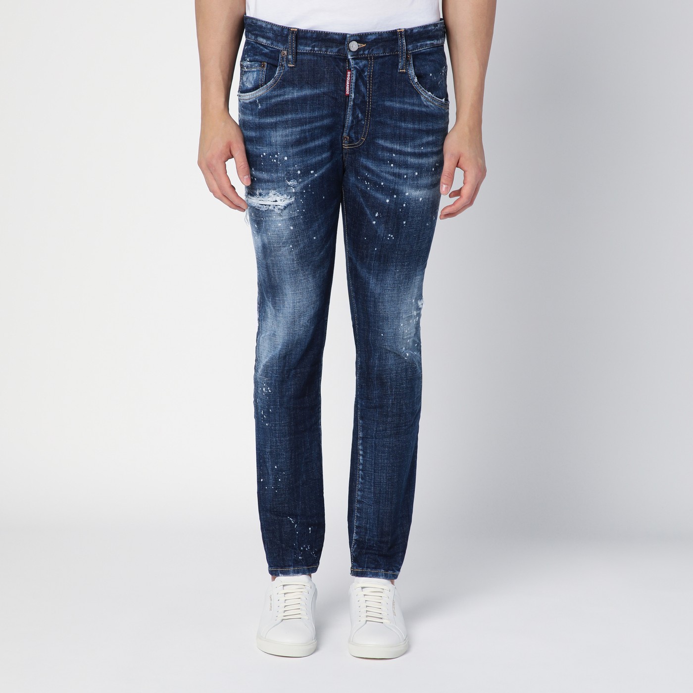 Dsquared2 Navy blue washed denim jeans with wear | TheDoubleF