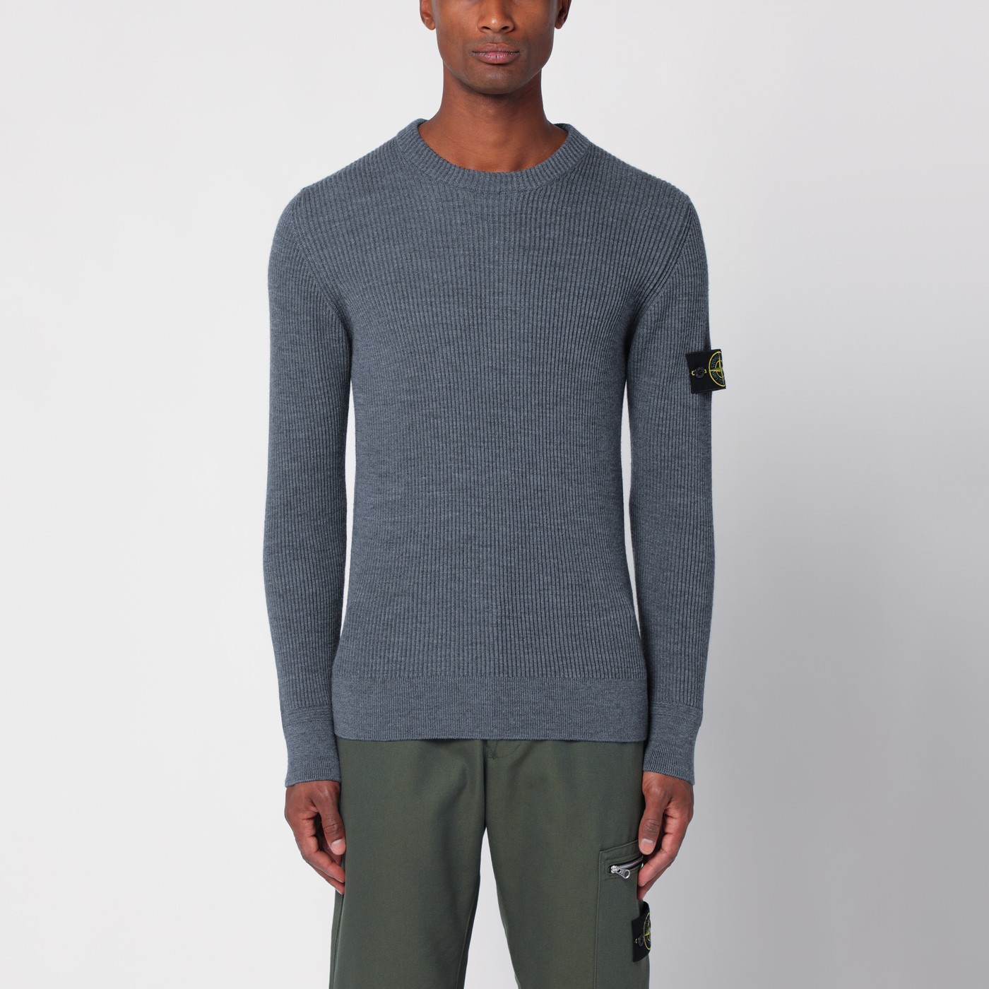 Stone Island Grey ribbed sweater in wool | TheDoubleF