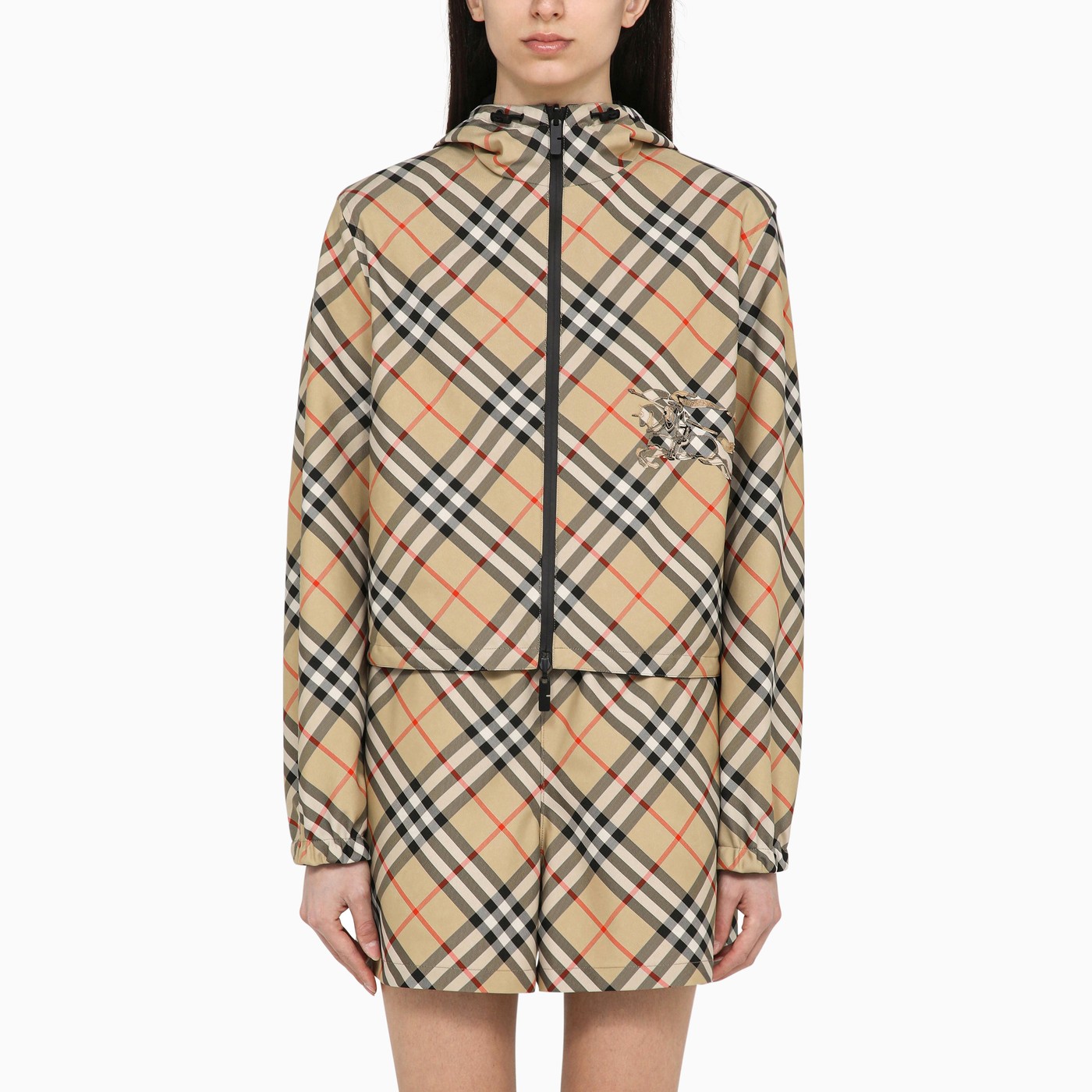 Burberry Reversible sand-coloured cropped jacket with Check pattern ...