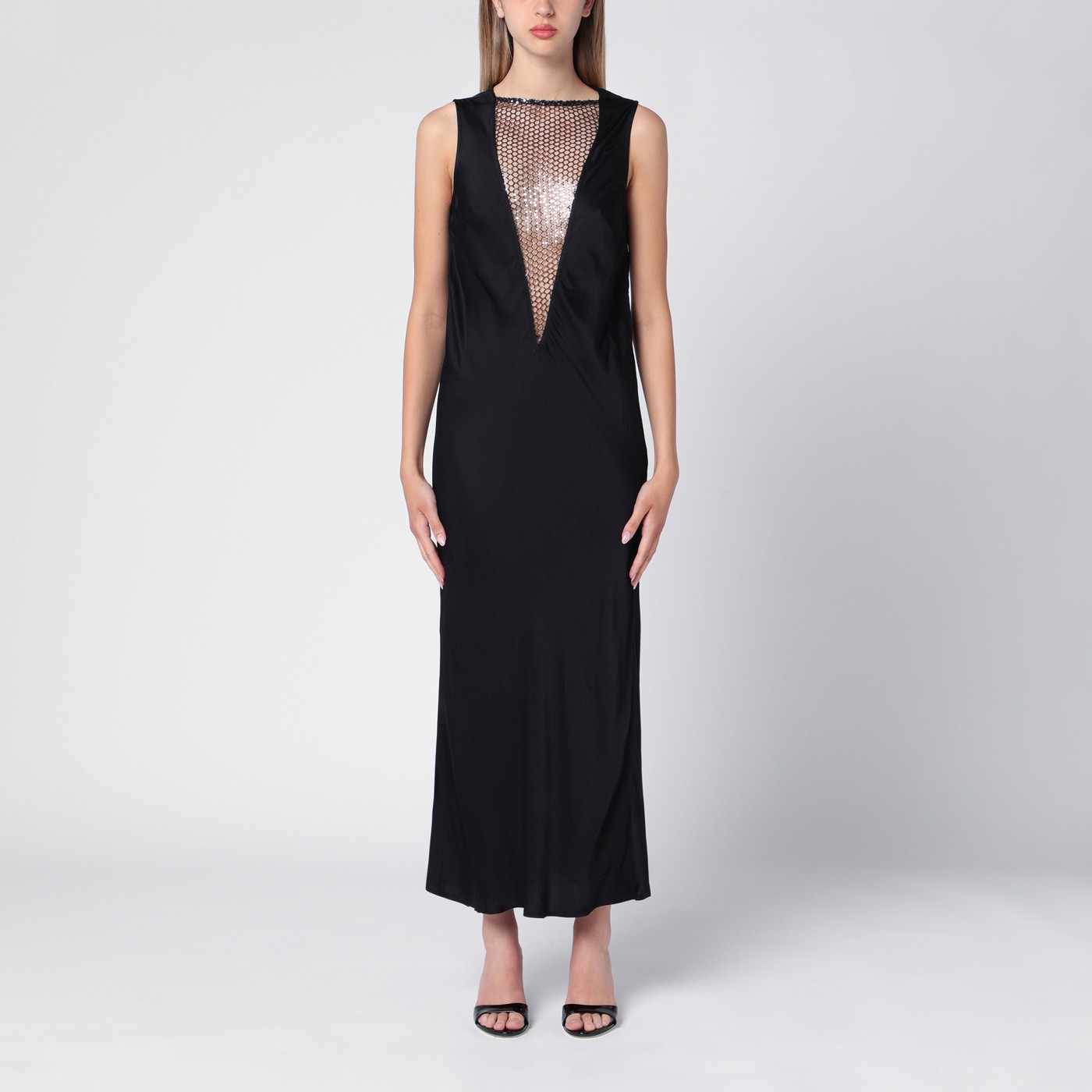 ROTATE Birger Christensen Black midi dress with mesh insert | TheDoubleF