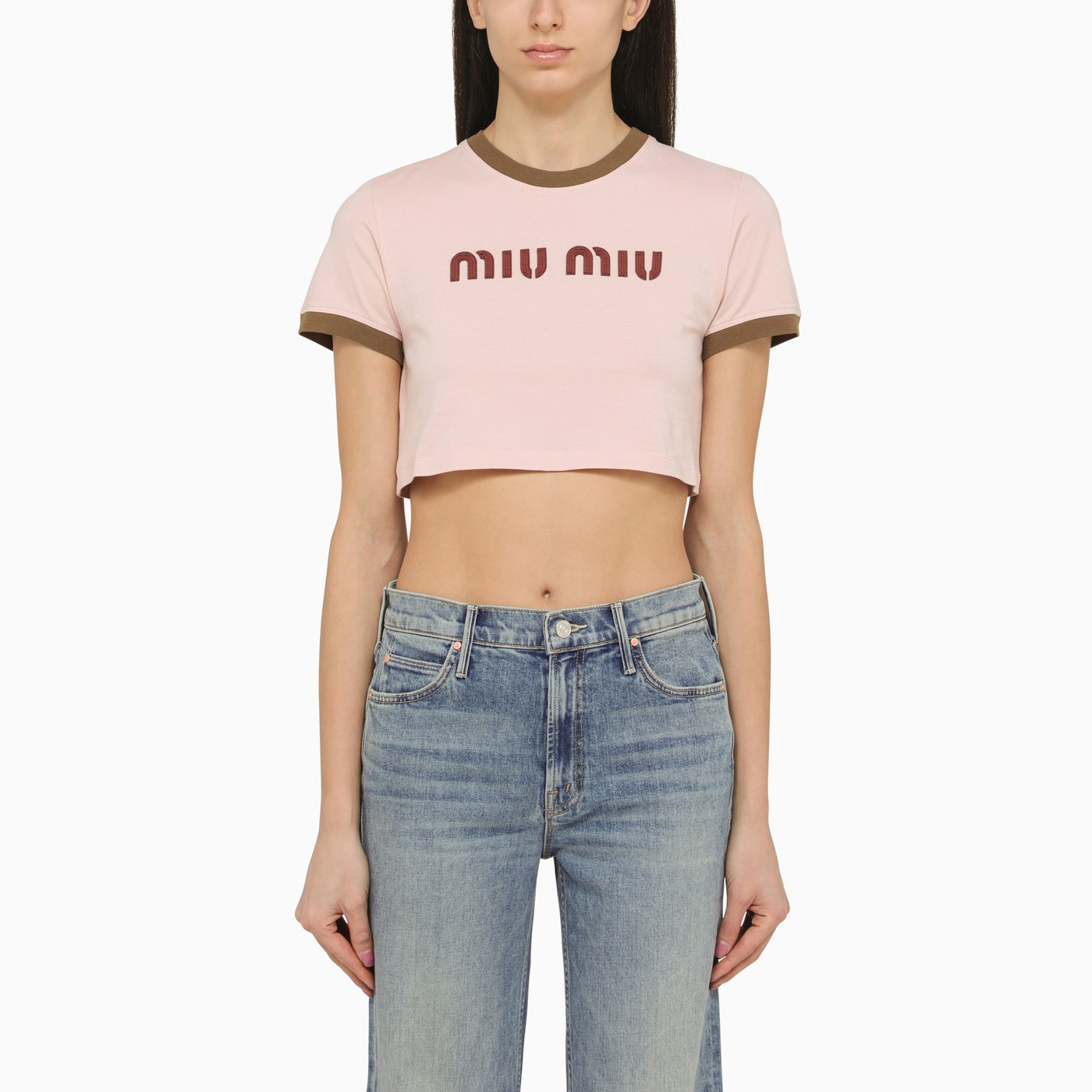 Miu Miu T-shirt cropped color alabastro in cotone | TheDoubleF