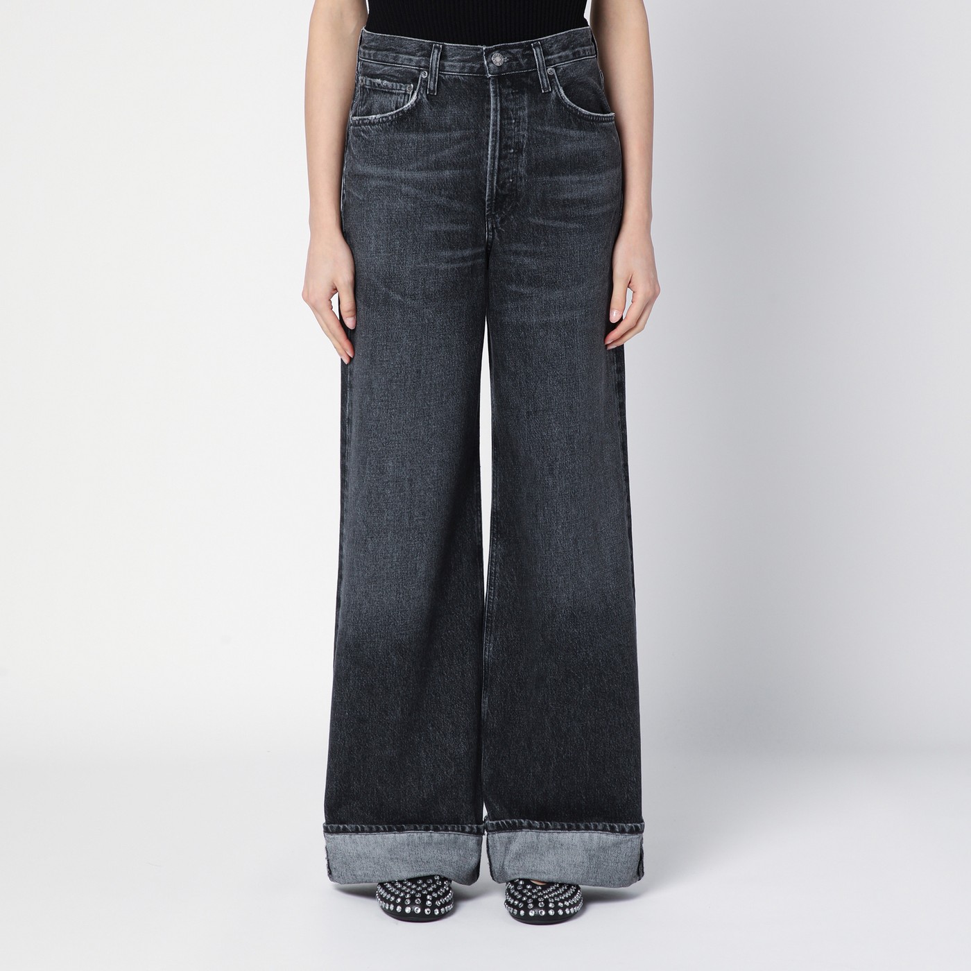 AGOLDE Dame dark grey wide ribbed denim jeans | TheDoubleF