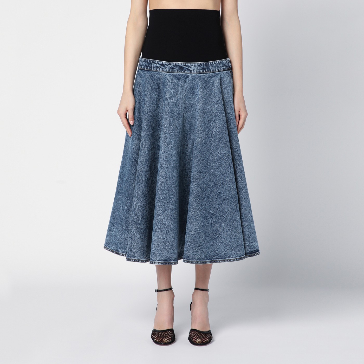 Alaïa Denim midi skirt with knitted sash | TheDoubleF