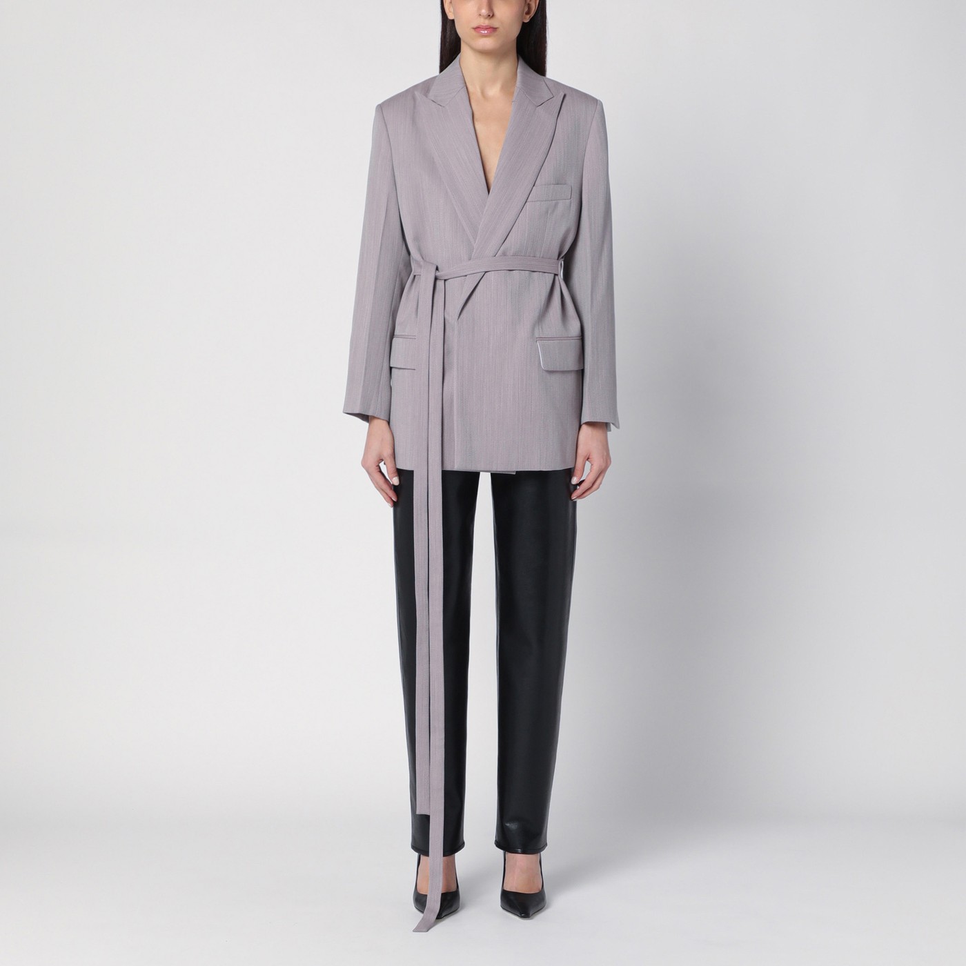 Victoria Beckham Light grey wool jacket with belt | TheDoubleF