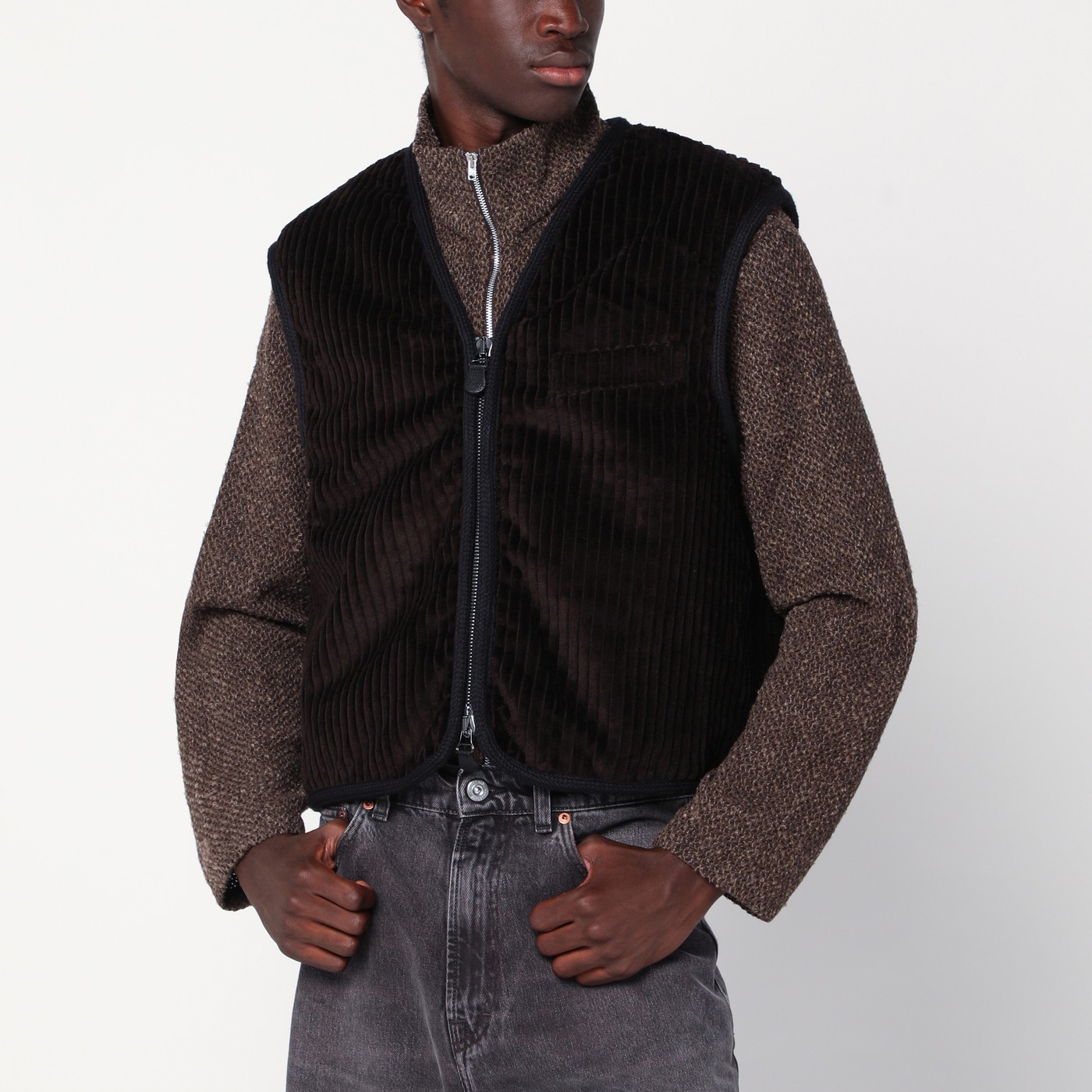 Our Legacy Brown ribbed velvet zip-up waistcoat | TheDoubleF