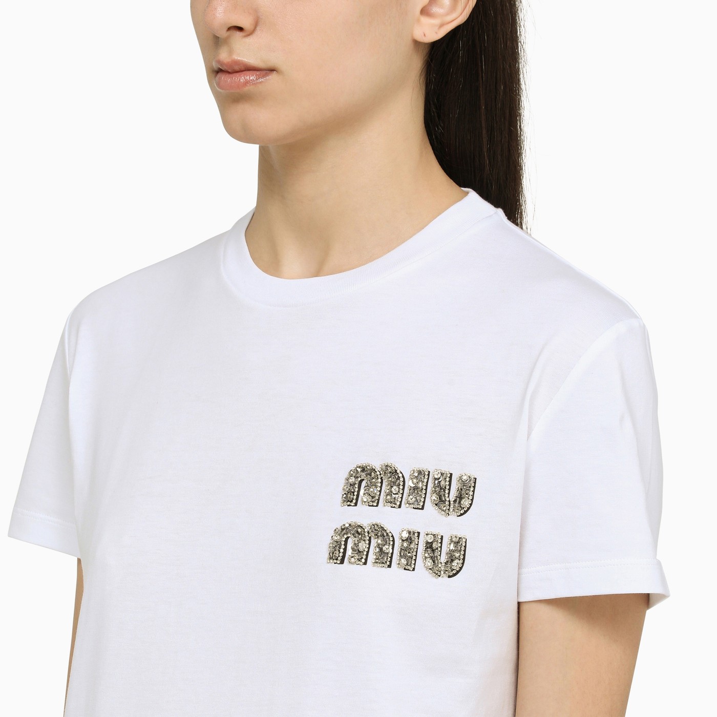 Miu Miu White T-shirt with rhinestone logo | TheDoubleF