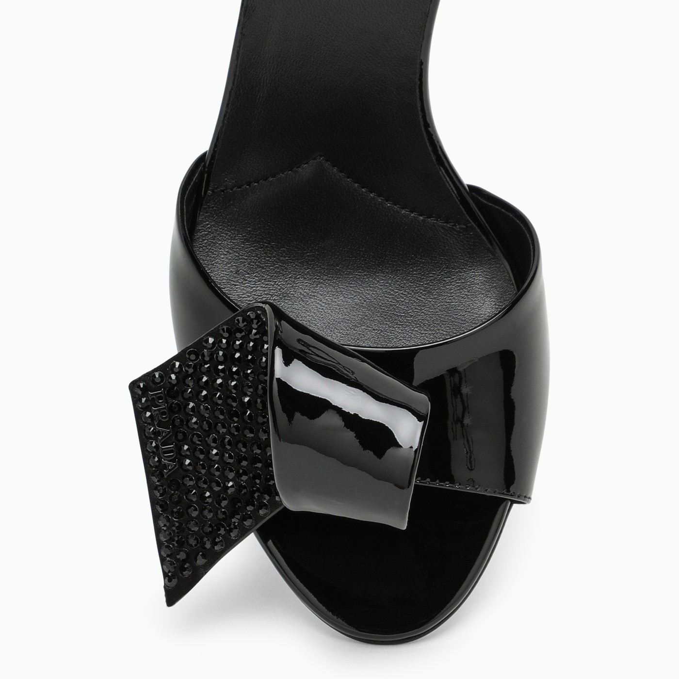 Prada High black patent leather sandal with appliqué | TheDoubleF