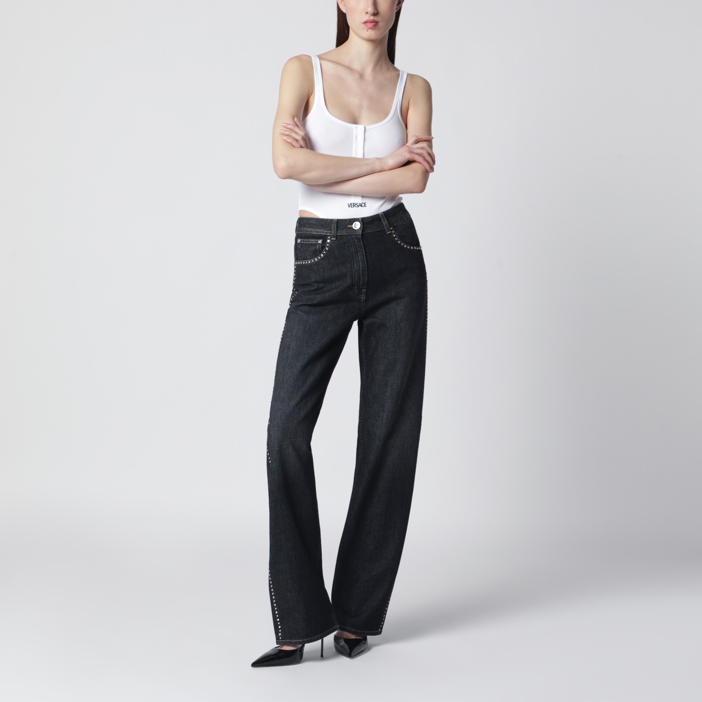 Versace Black jeans with studs and crystals | TheDoubleF