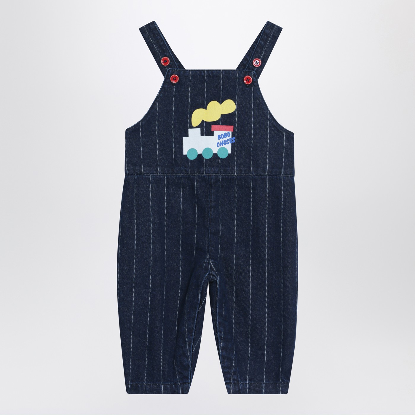 Bobo Choses Navy blue denim overalls with train | TheDoubleF