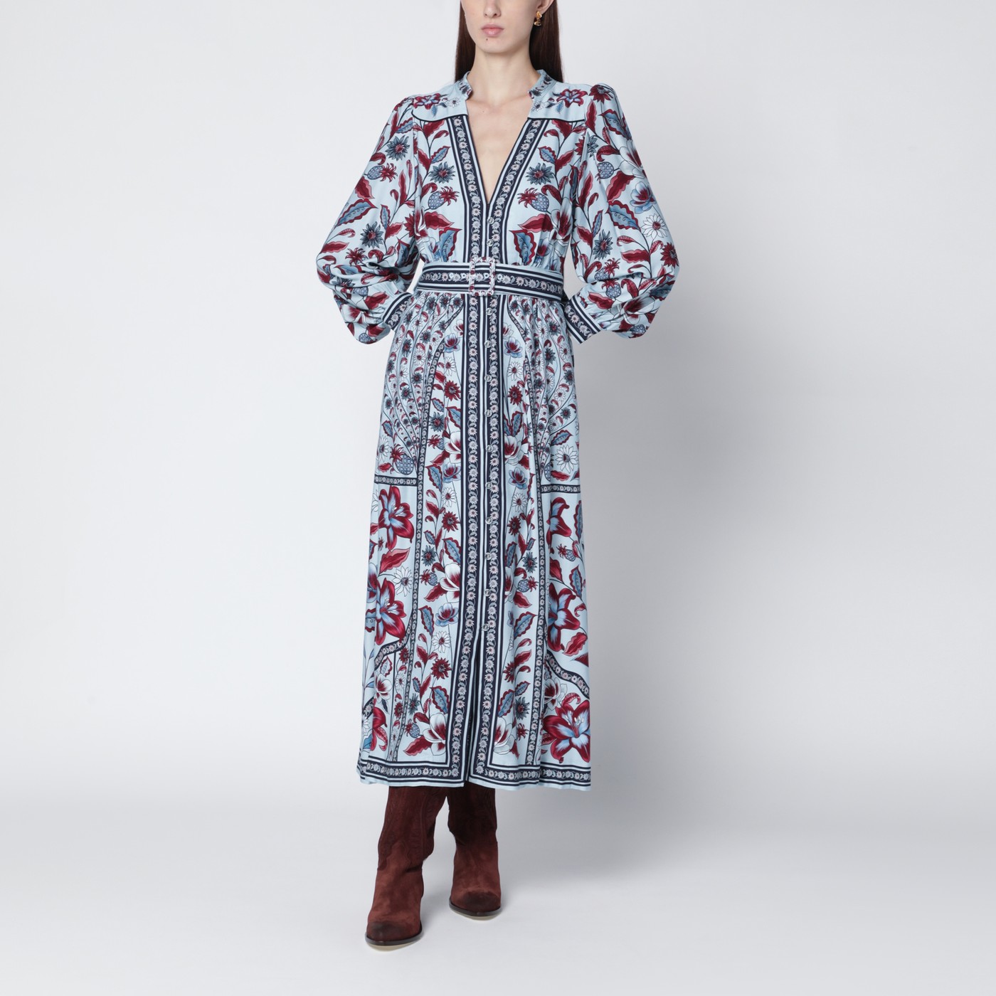 FARM Rio Light blue midi dress with floral print | TheDoubleF