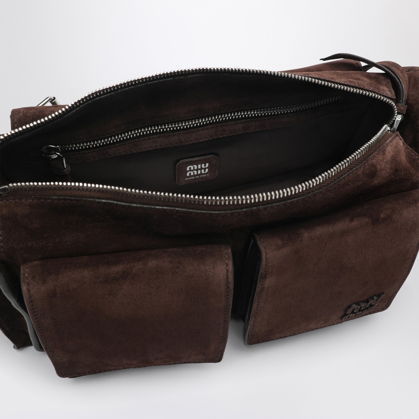 Miu Miu Utilitaire crossbody bag in dark brown suede | TheDoubleF