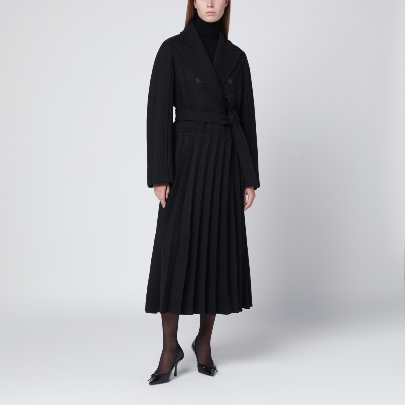 Max Mara Atelier Black pleated redingote coat in technical fabric ...