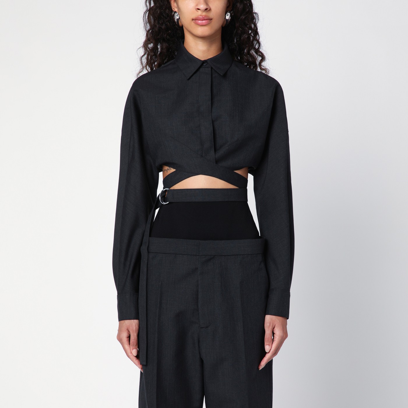 Alaïa Dark grey cotton crossover shirt | TheDoubleF