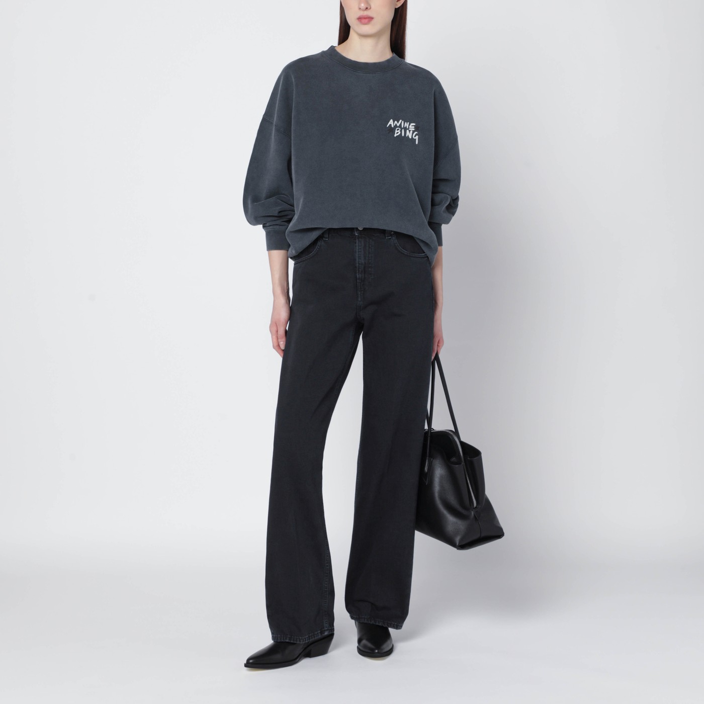ANINE BING Black washed oversized sweatshirt with logo | TheDoubleF