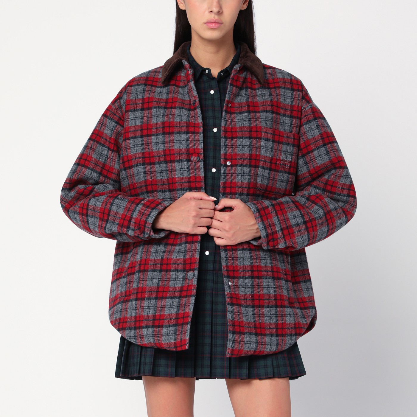 Miu Miu Piumino camicia motivo check grigio ardesia/rosso | TheDoubleF