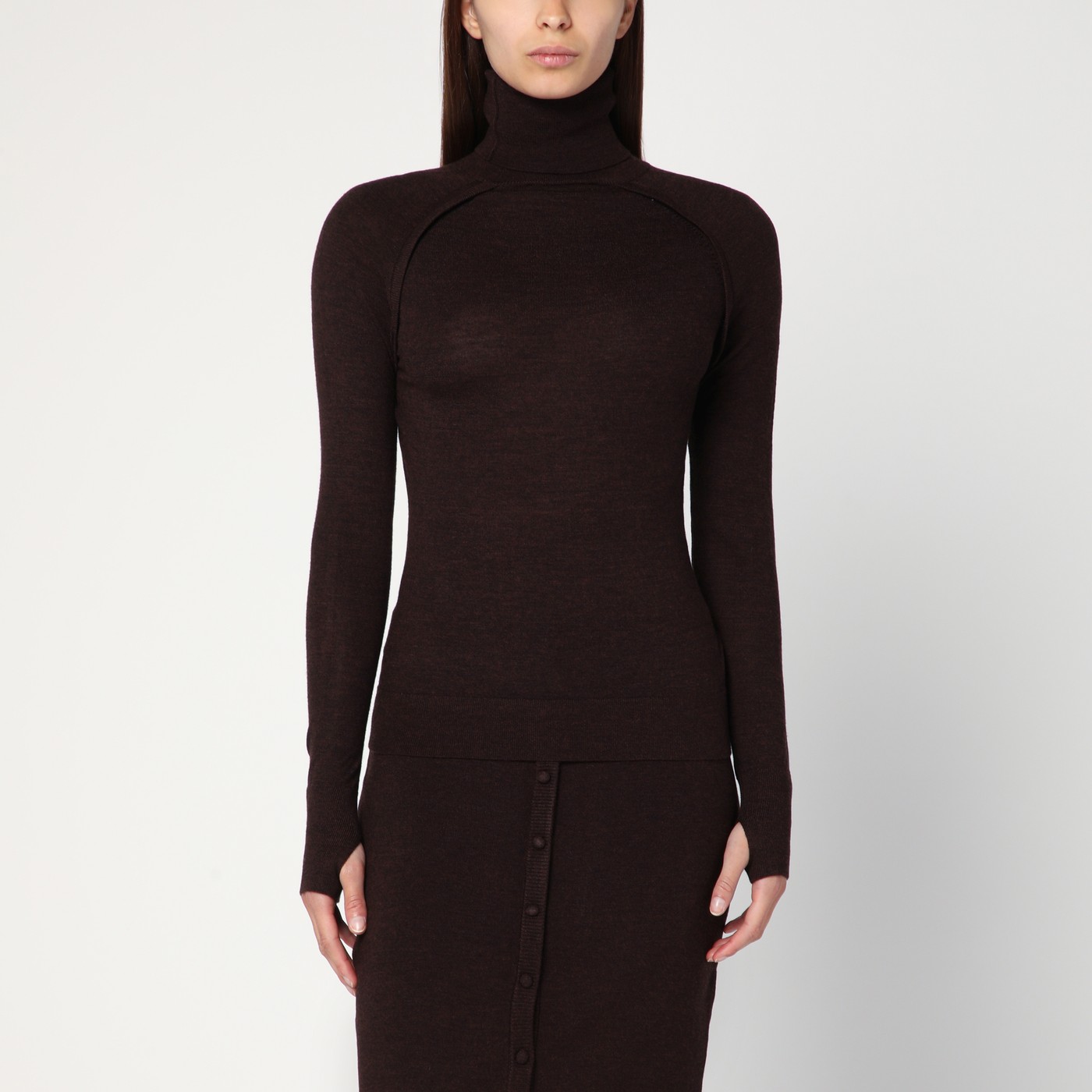Victoria Beckham Brown turtleneck sweater in wool | TheDoubleF