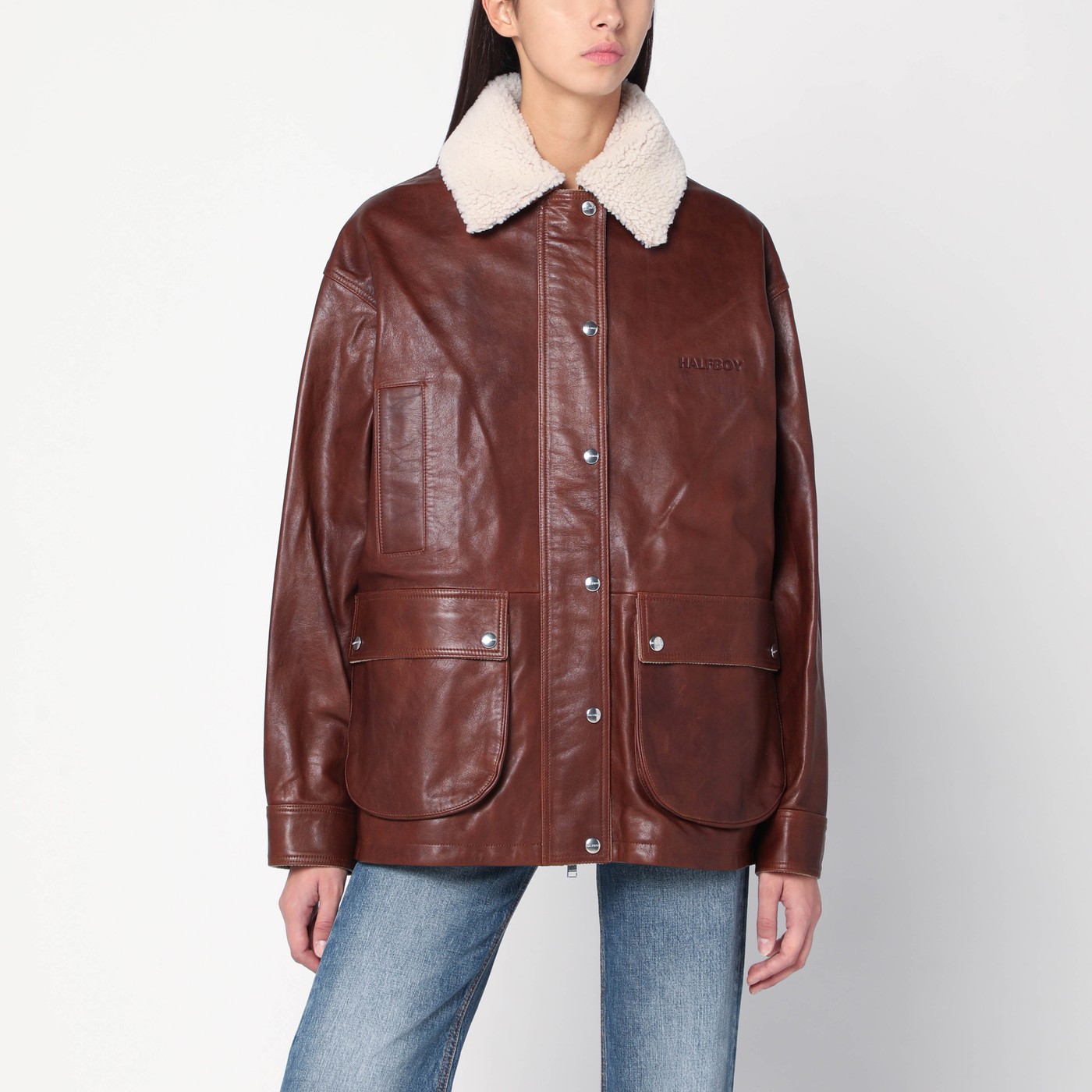 HALFBOY Brown leather jacket with shearling collar | TheDoubleF