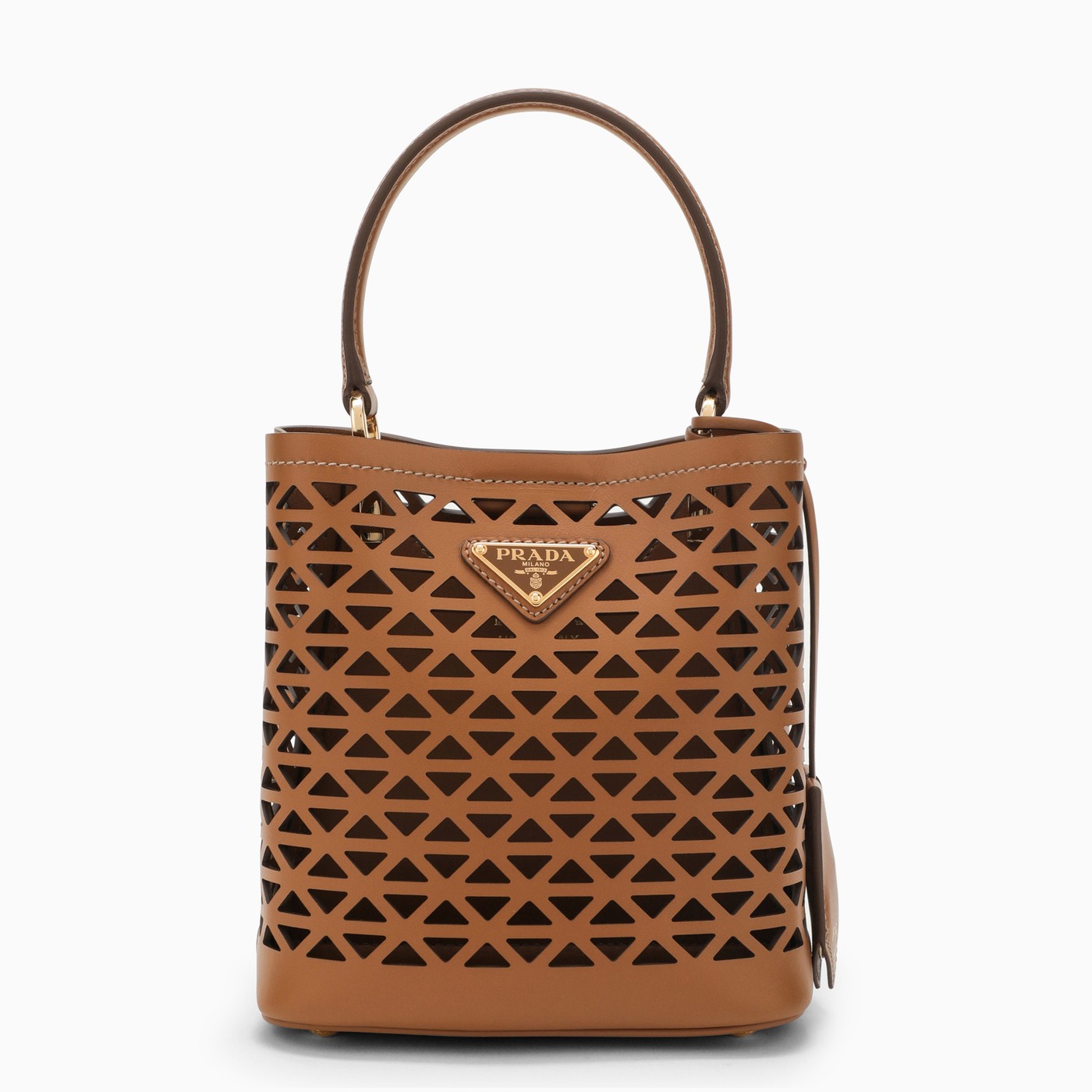 Prada Small caramel-coloured Saffiano perforated Panier bag | TheDoubleF