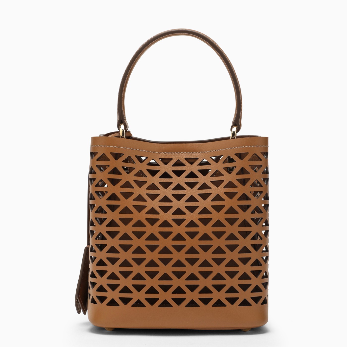 Prada Small caramel-coloured Saffiano perforated Panier bag | TheDoubleF