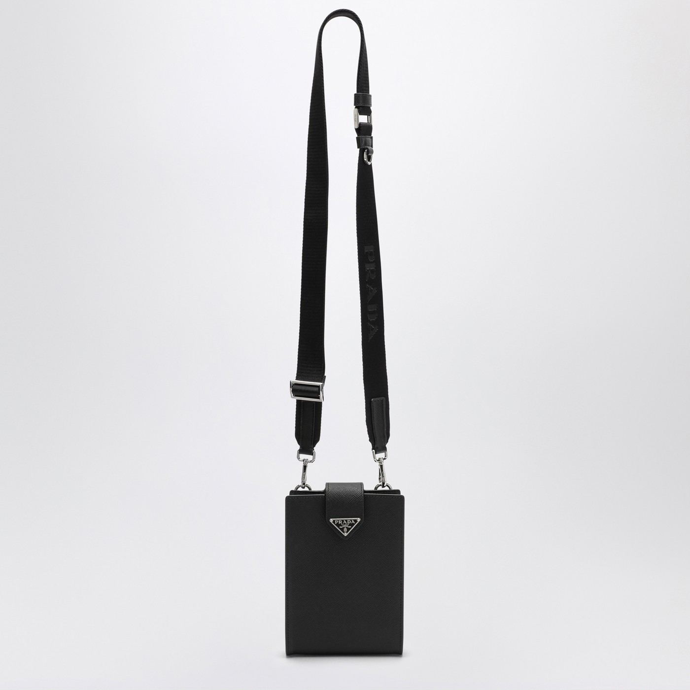 Prada Black Saffiano leather mobile phone holder with shoulder strap ...