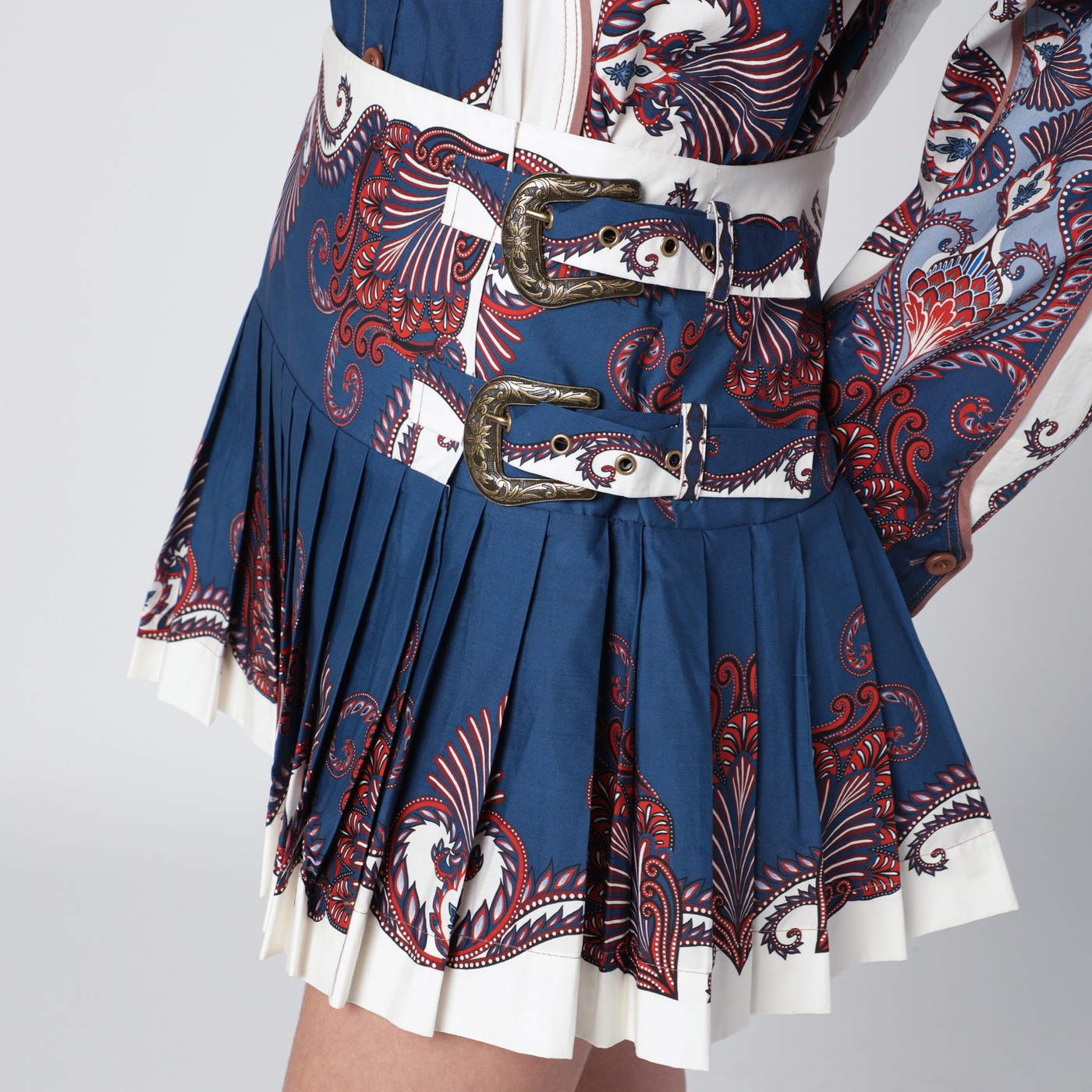 FARM Rio Deep blue and sand pleated mini skirt with arabesque print ...