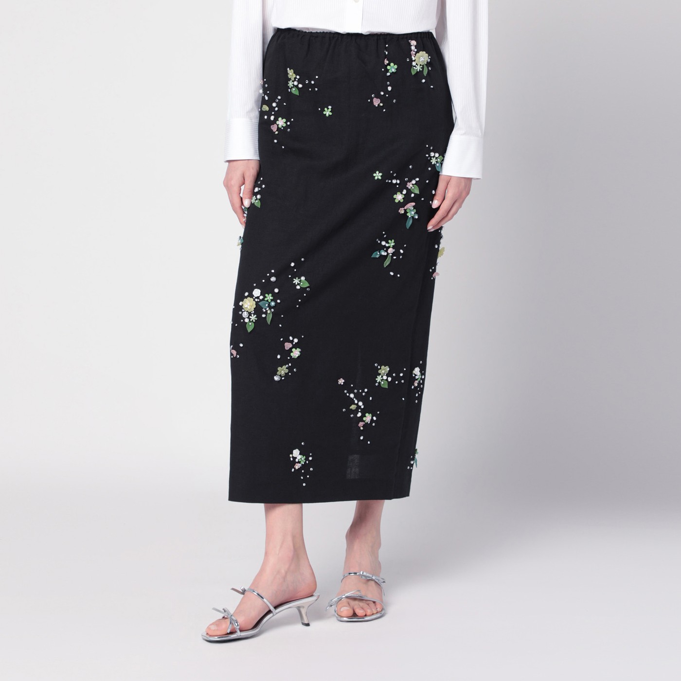 BERNADETTE Black Miriam Embroidered skirt in linen blend | TheDoubleF