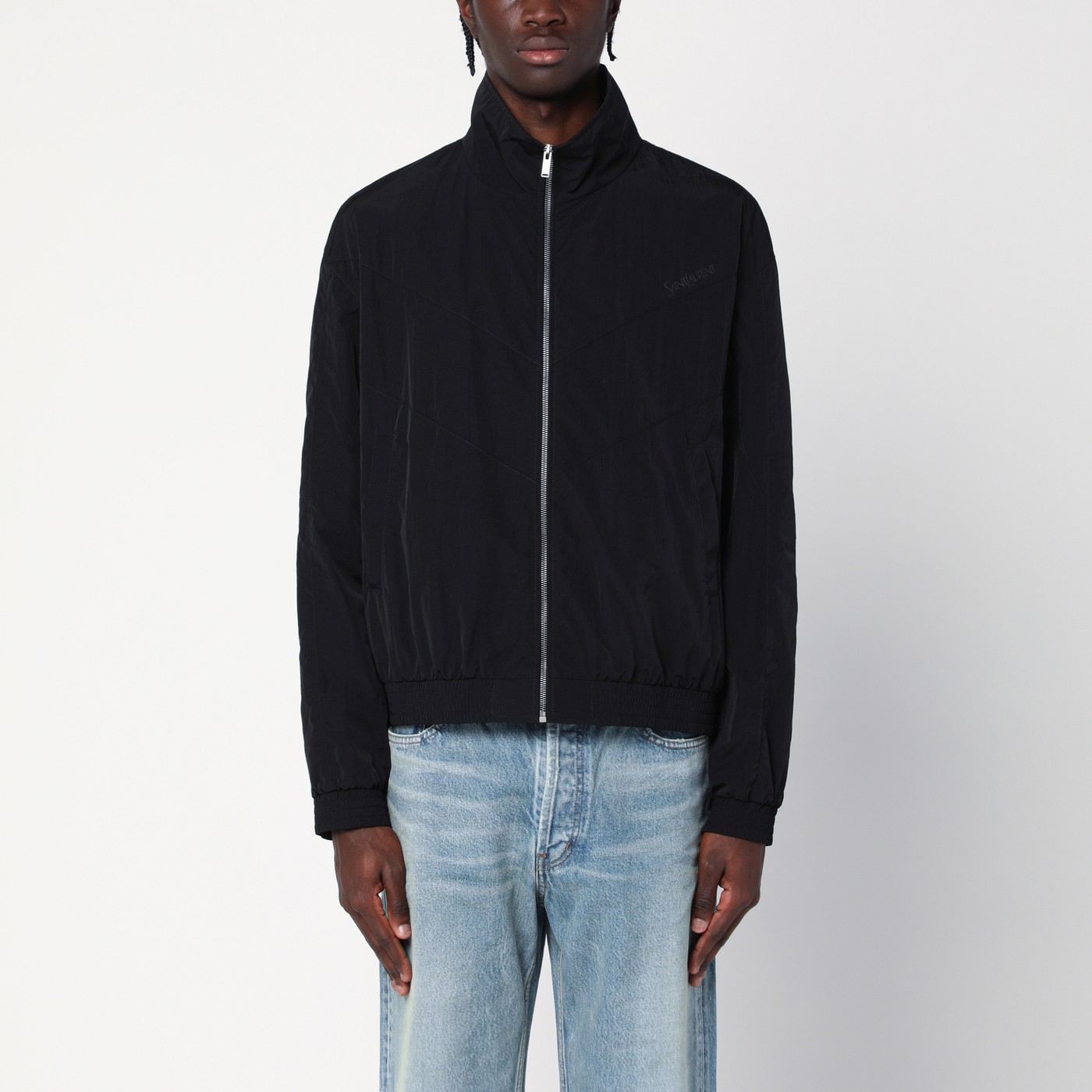 Saint Laurent Black crinkled nylon zip-up jacket | TheDoubleF