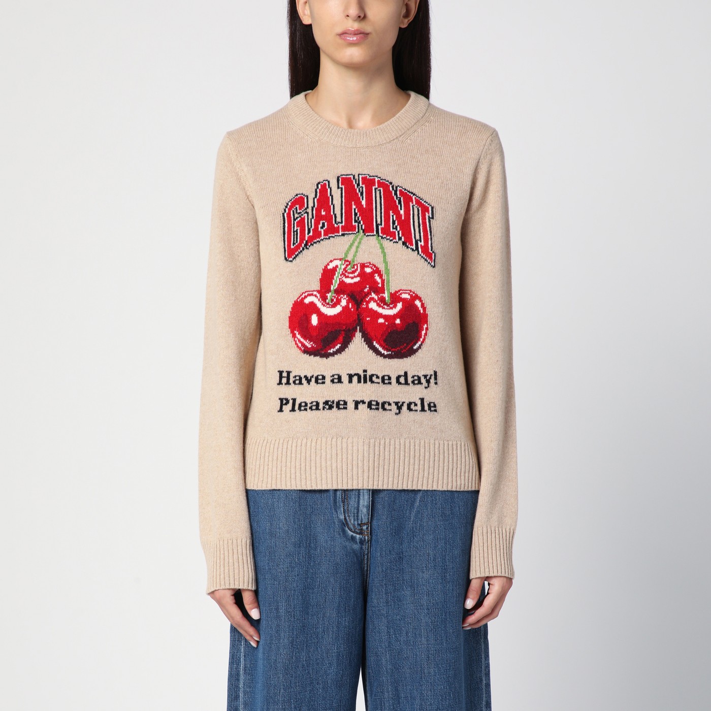 GANNI Camel-coloured jumper with Cherry print | TheDoubleF